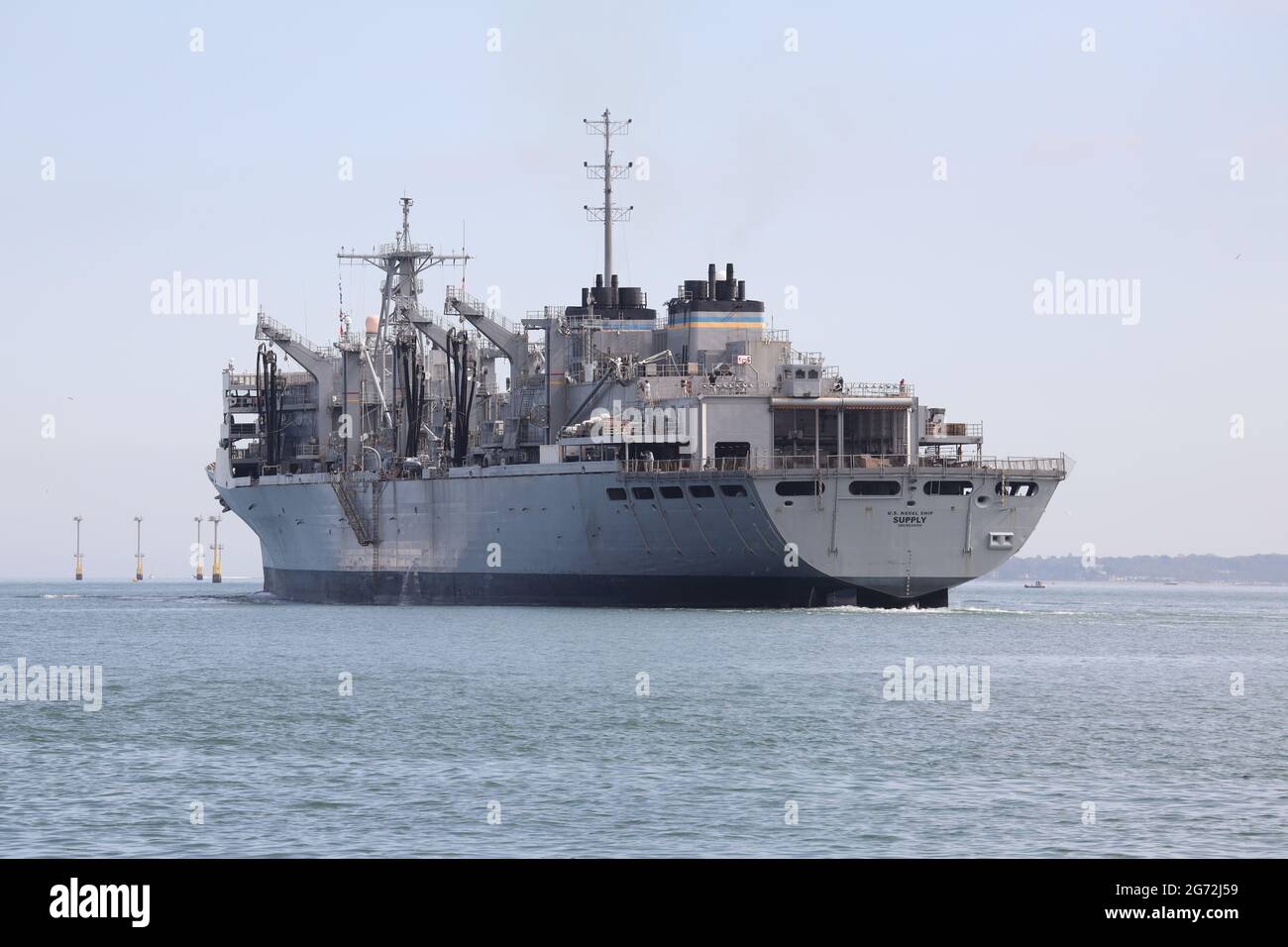 The US Military Sealift Command Fast Combat Support ship USNS SUPPLY (T-AOE-6) departs from the ...