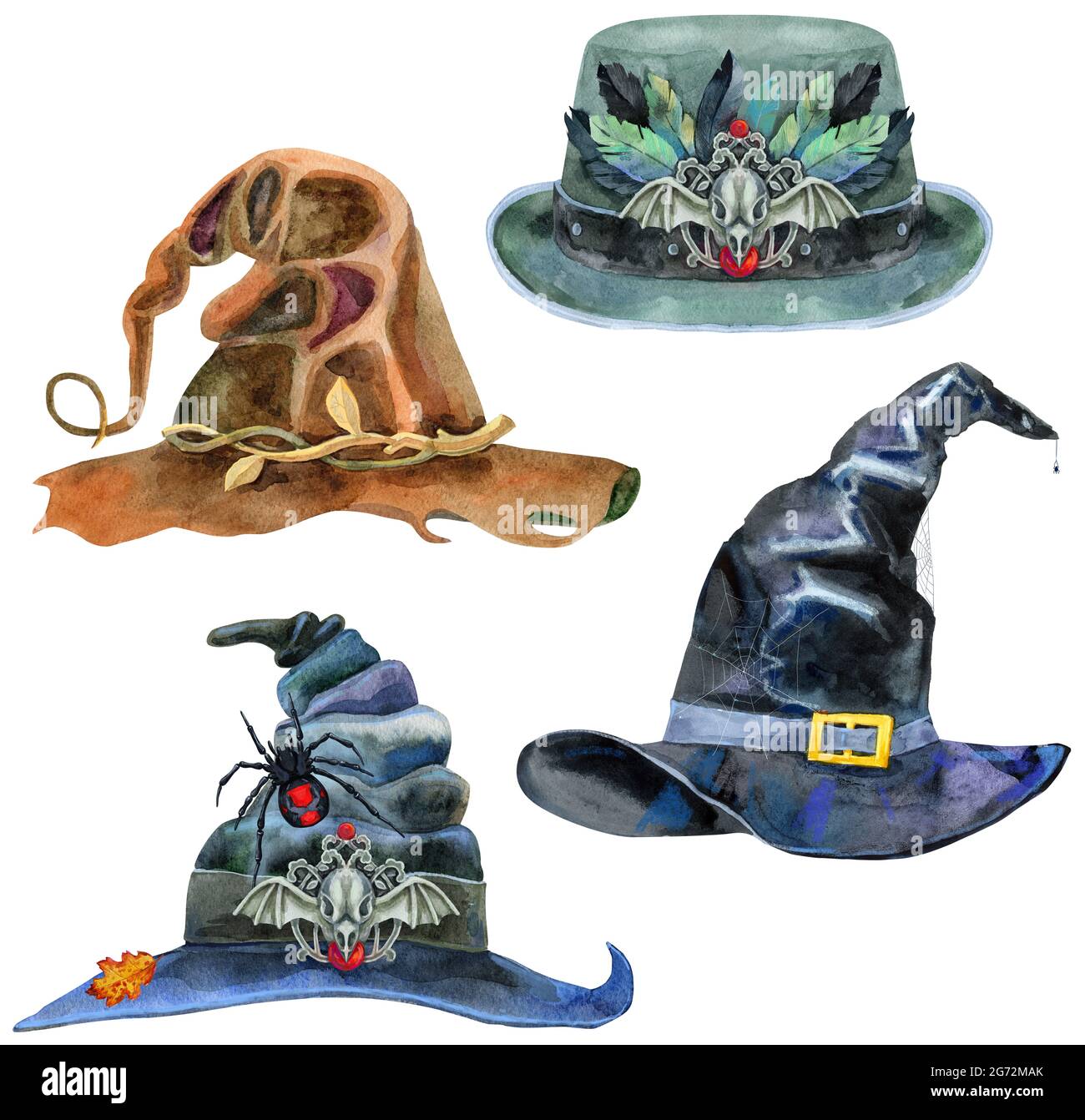 Cute colorful watercolor set of witch hats characters illustration ...