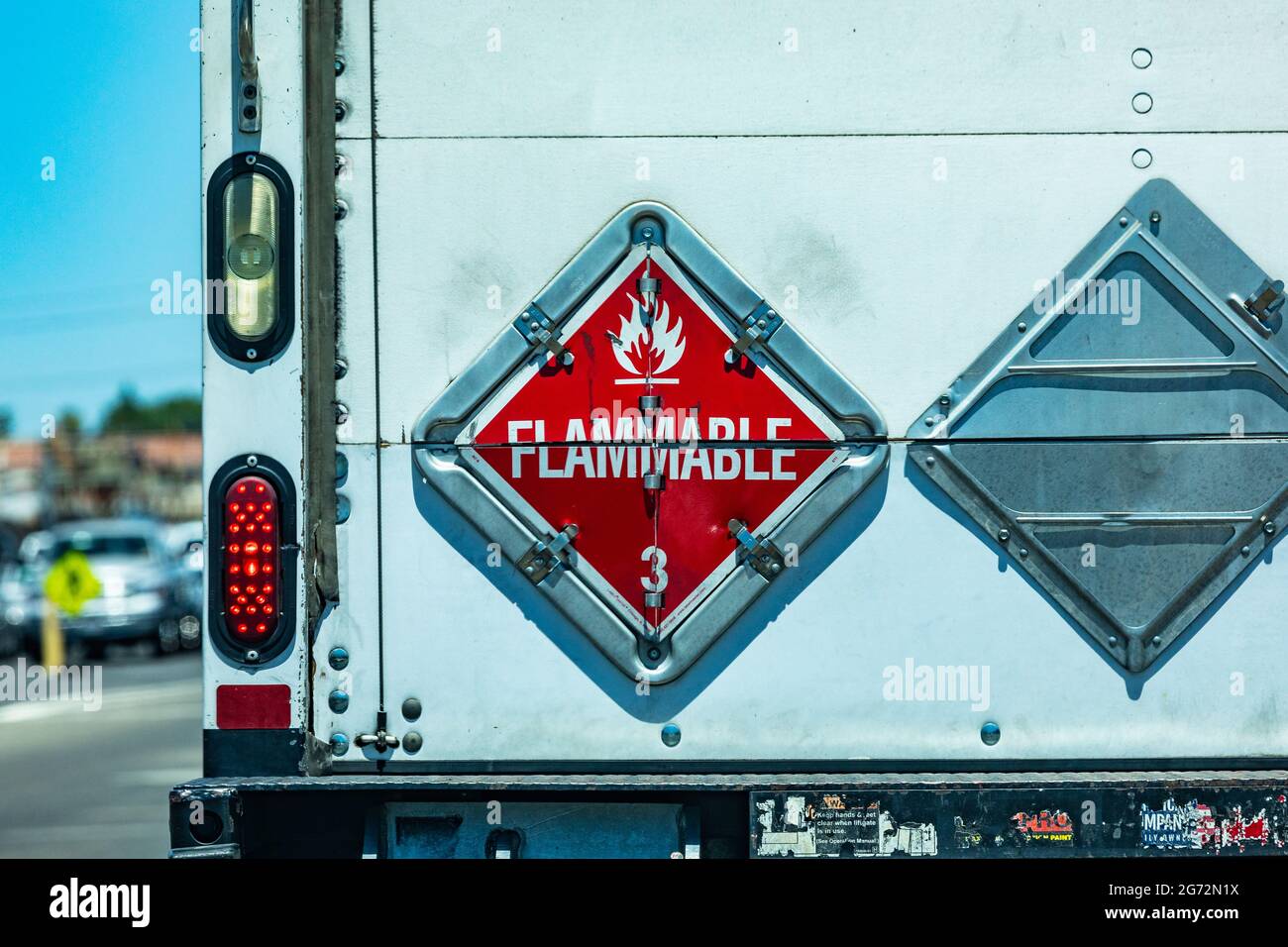 A flammable warning sign on a delivery truck in Modesto California USA ...