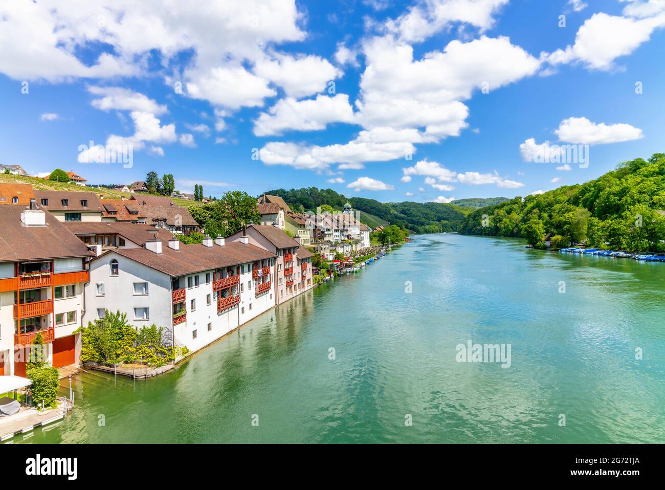 The picturesque skyline of the village of Eglisau in Switzelrand during ...