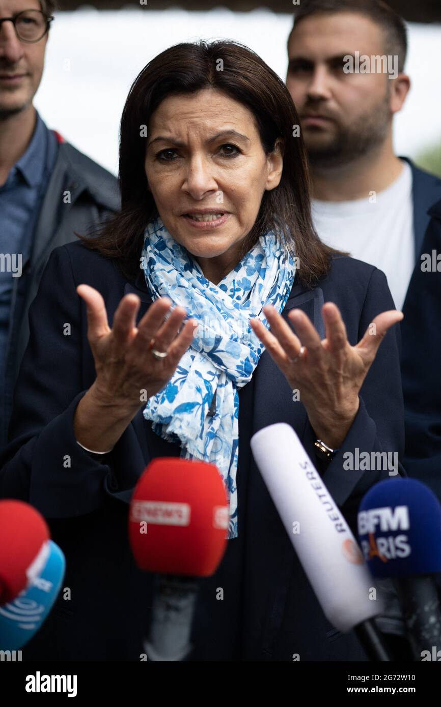 Mayor of Paris Anne Hidalgo speaks to the press as she launches the ...