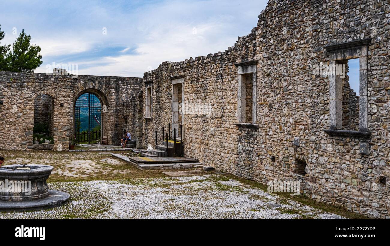 view of the inner courtyard of the medieval castle of Laviano, Italy ...