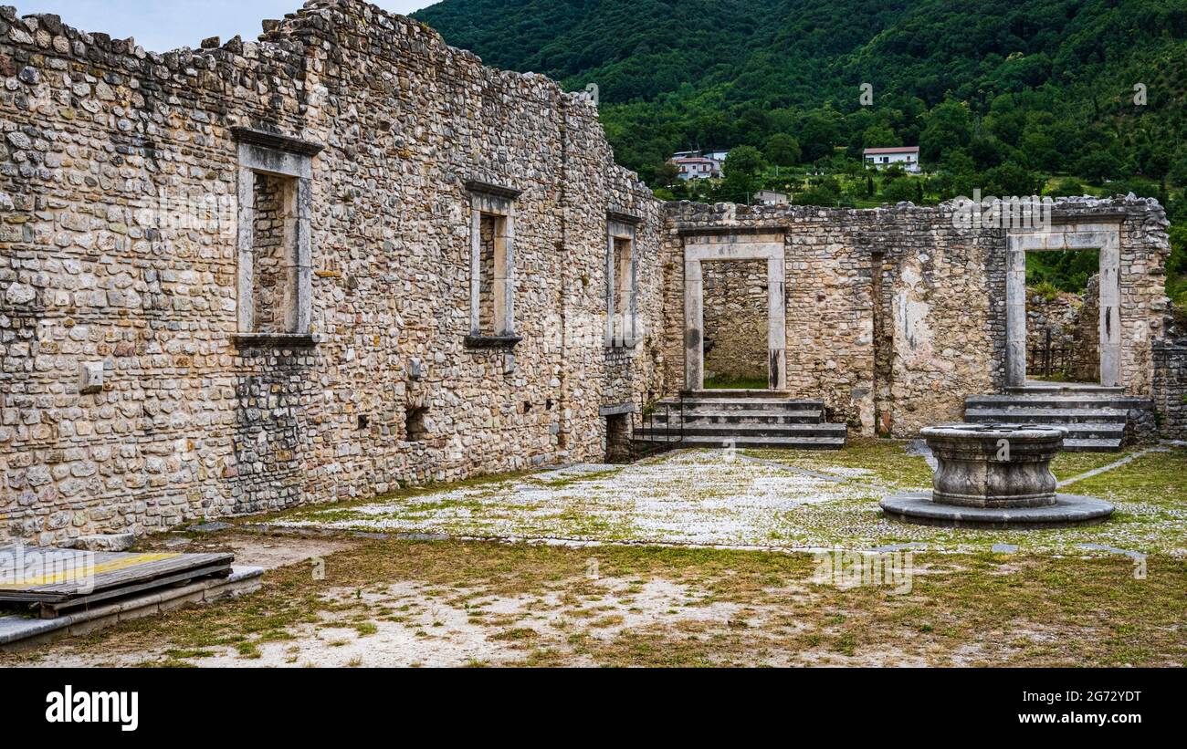view of the inner courtyard of the medieval castle of Laviano, Italy ...