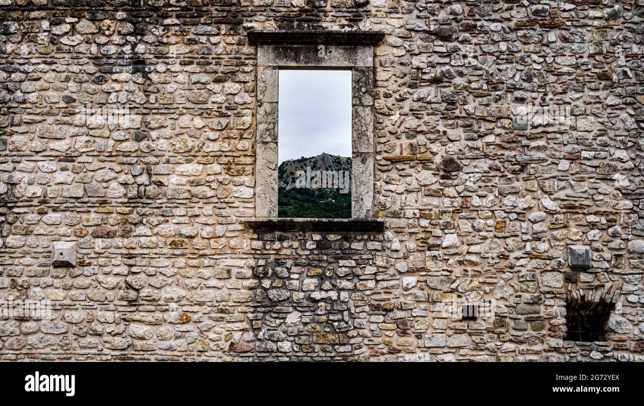 window overlooking the mountain in the medieval castle of Laviano ...