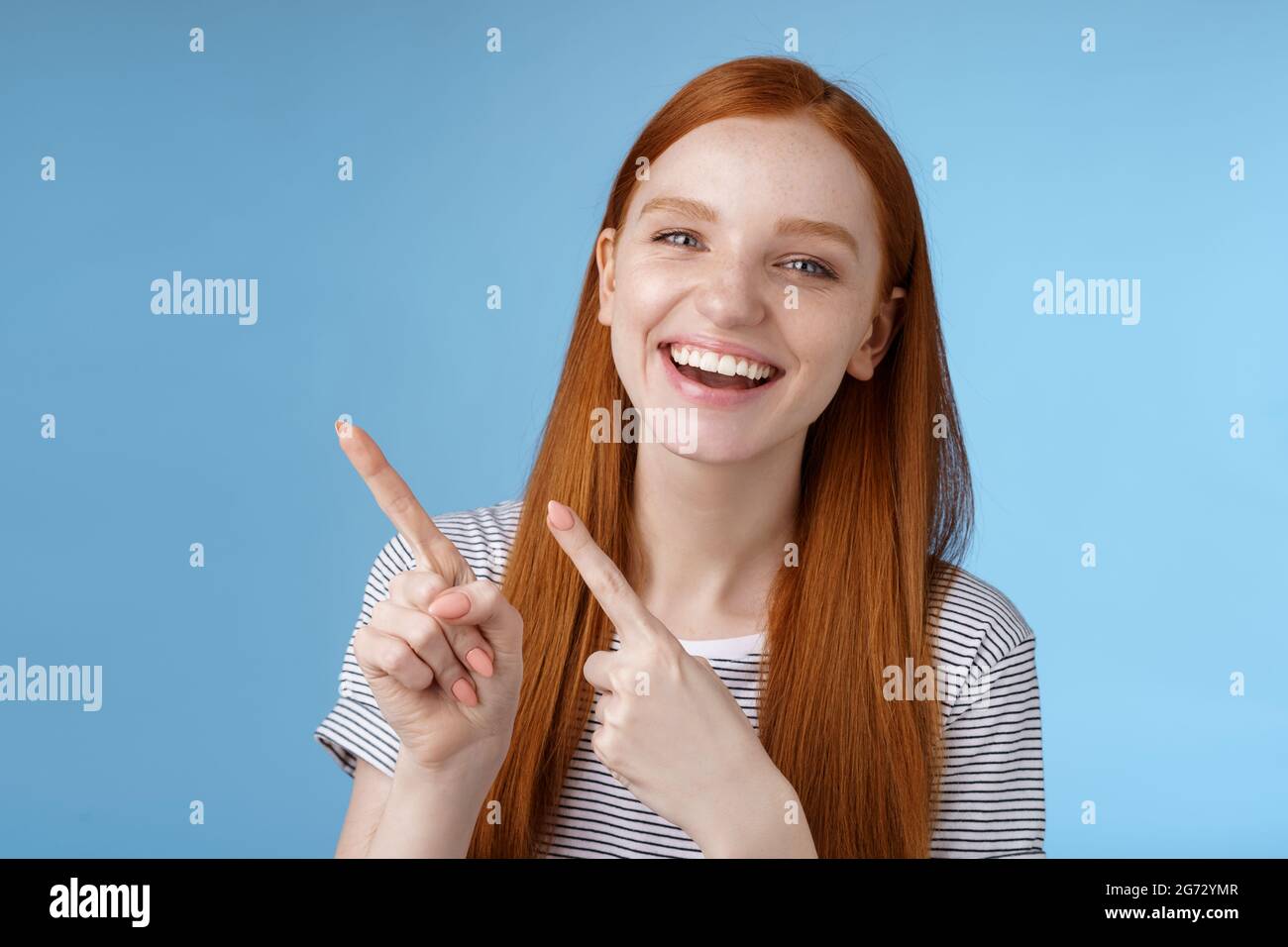 Happy carefree smiling redhead caucasian girl ginger straight hairstyle ...