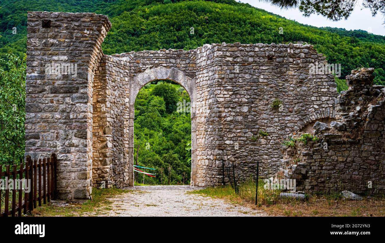 view of the entrance to the medieval castle of Laviano, Campania, Italy ...