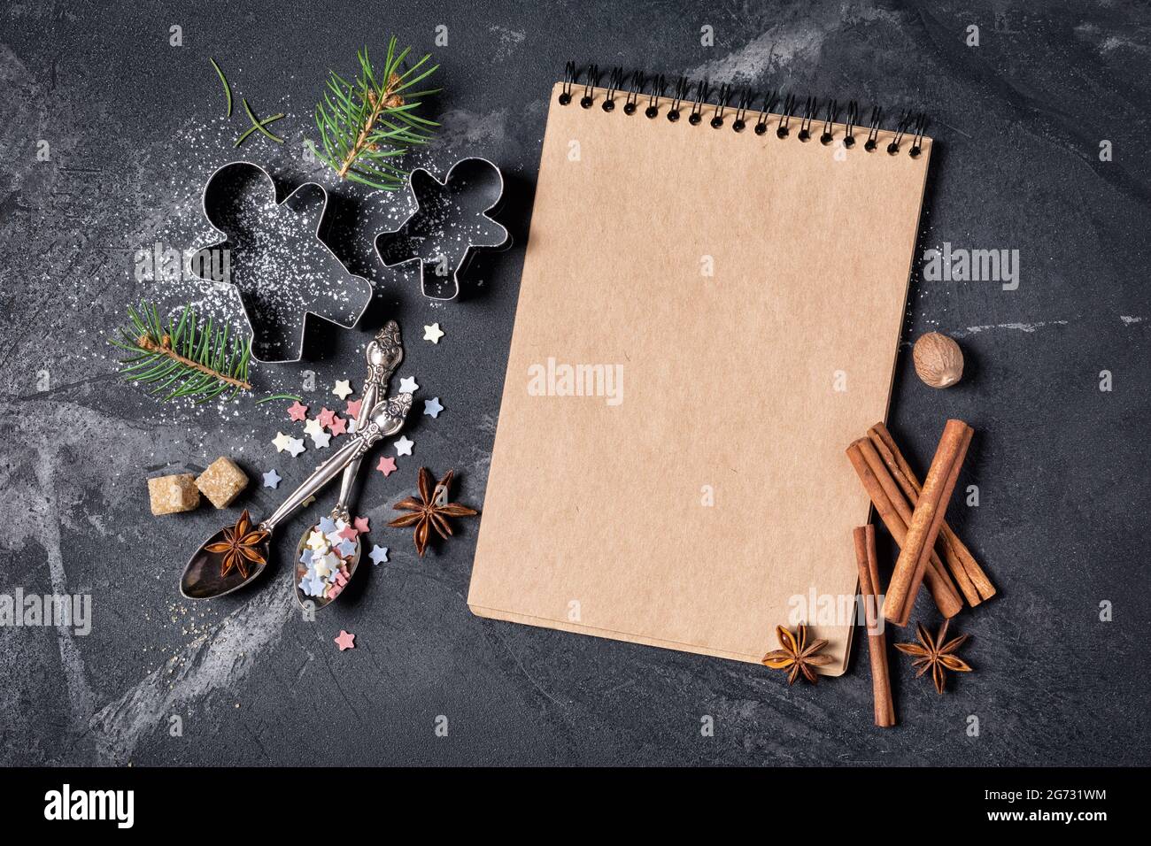Top view of mockup notepad for recipe and christmas baking ingredients ...