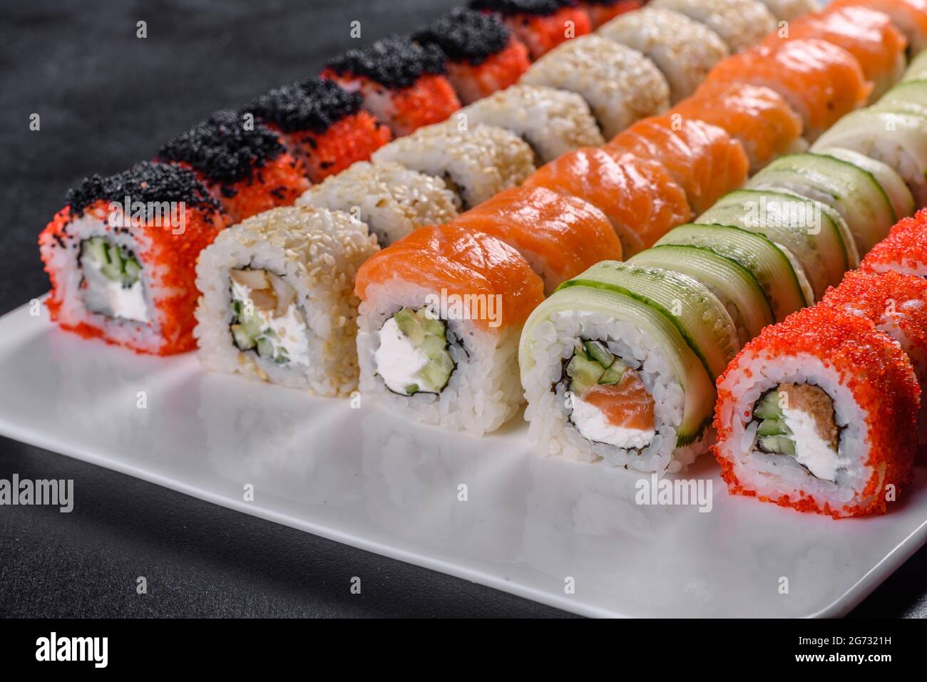 Japanese sushi food. Maki ands rolls with tuna, salmon, shrimp, crab ...