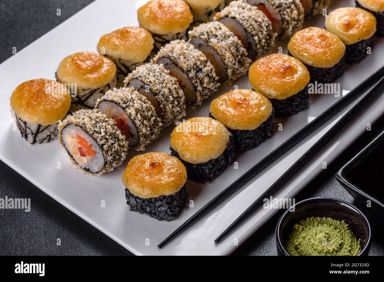 Japanese sushi food. Maki ands rolls with tuna, salmon, shrimp, crab ...