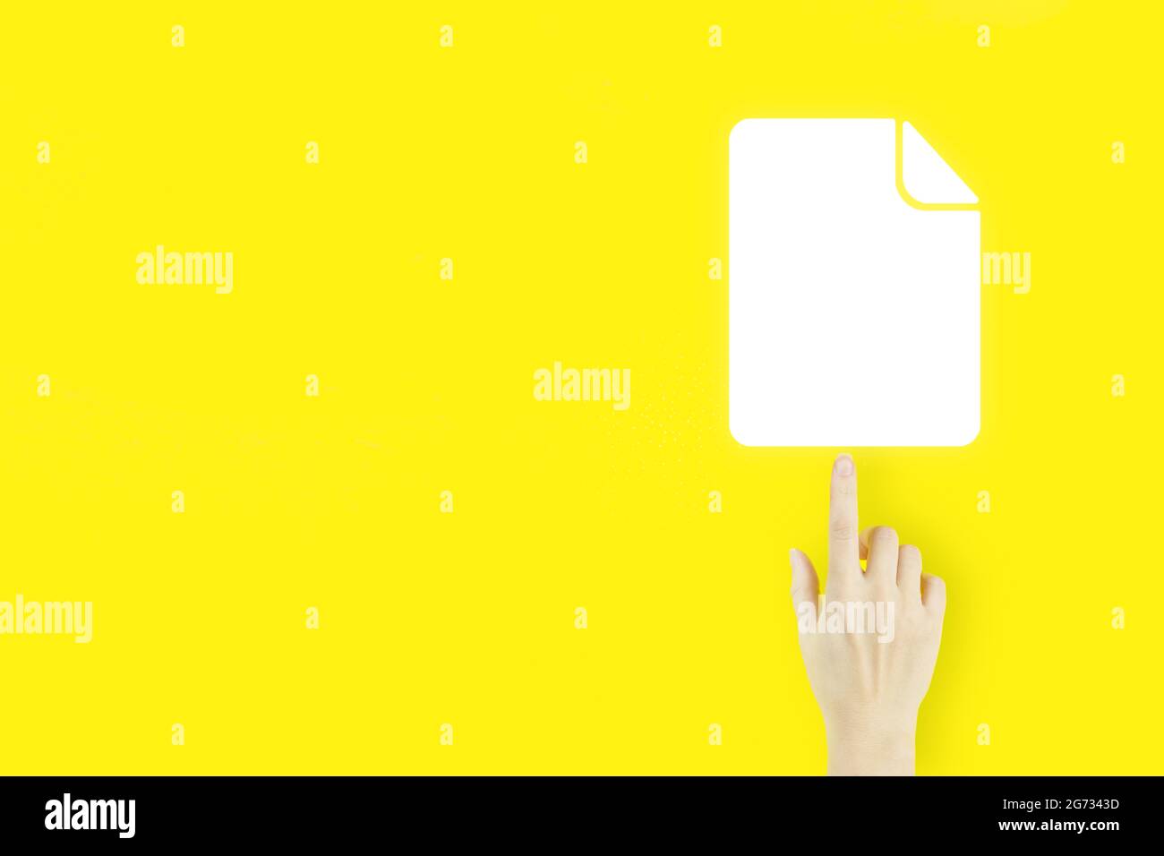 Document Management Data System. Young woman's hand finger pointing ...