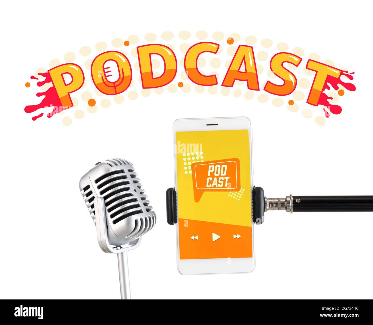 Microphone and mobile phone with podcast playlist on screen against ...