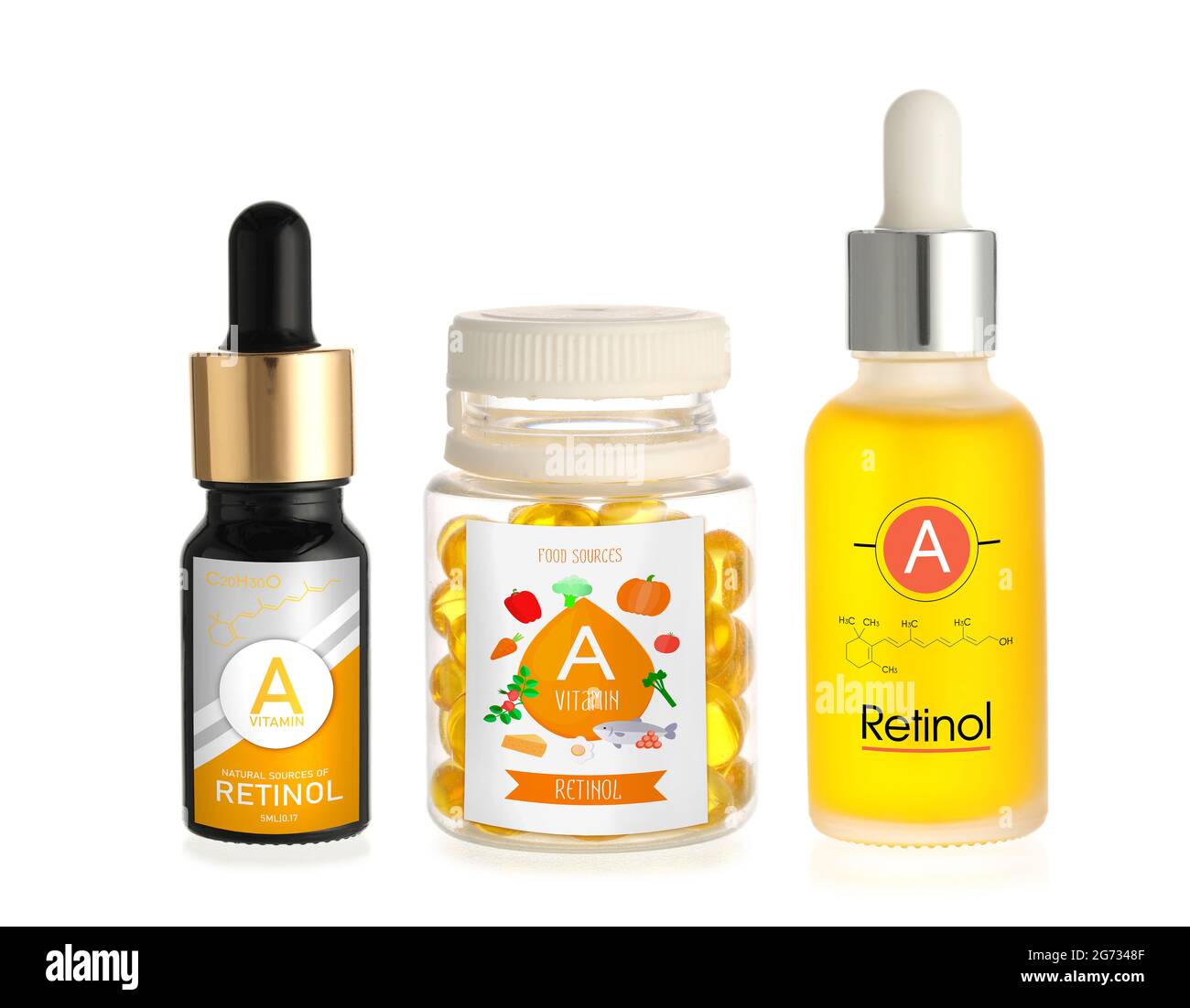 Bottles of vitamin A pills and oil on white background Stock Photo - Alamy