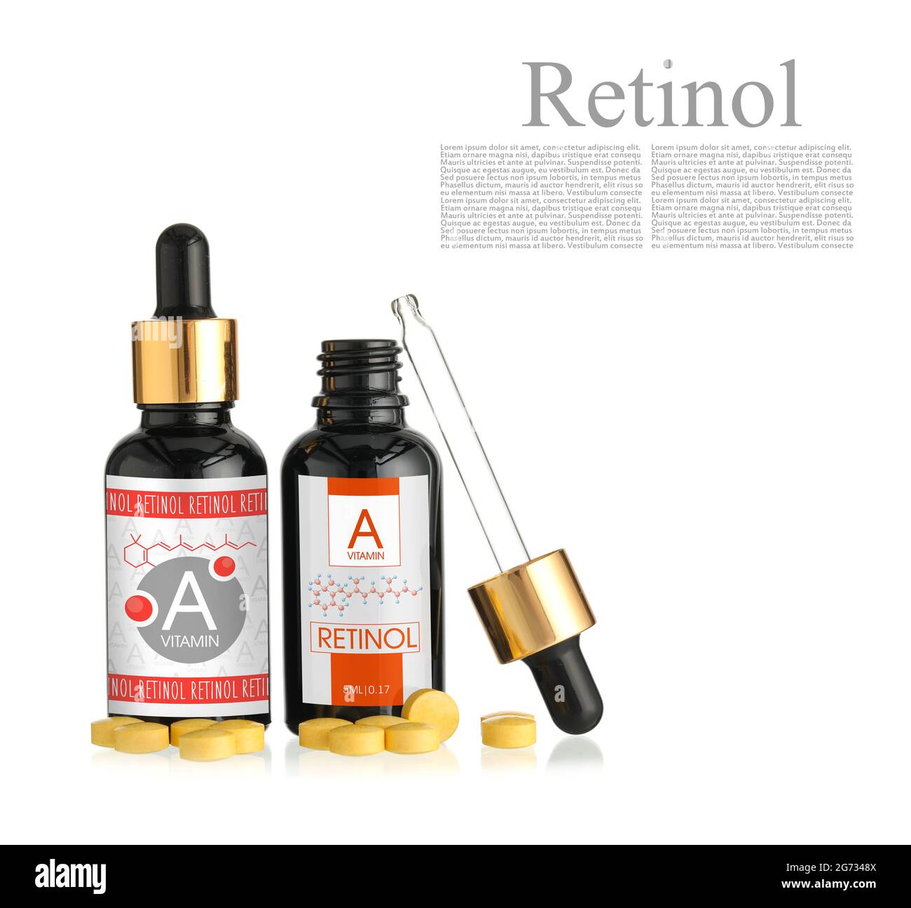 Bottles of vitamin A oil and pills on white background with space for ...