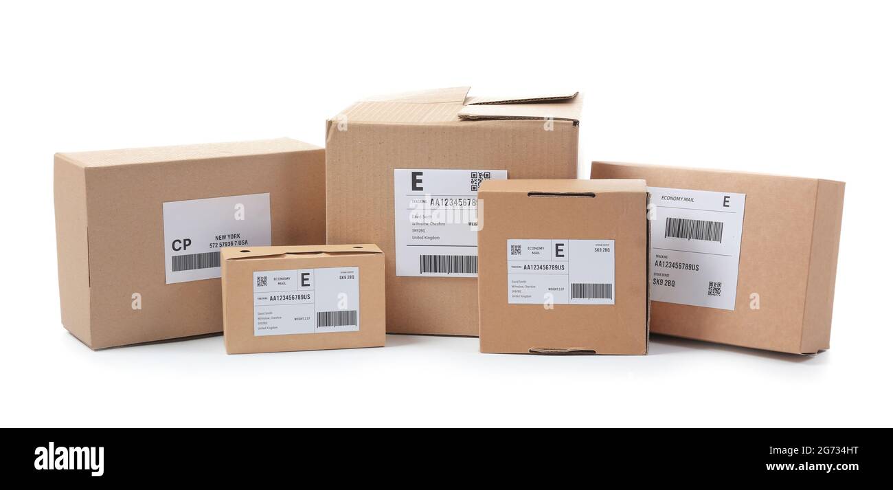 Different parcels on white background Stock Photo - Alamy