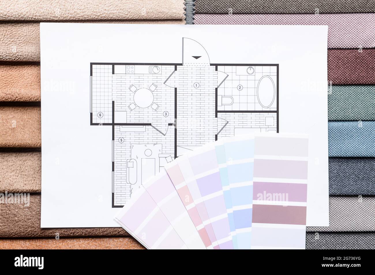 House plan with paint color palettes on fabric samples Stock Photo - Alamy
