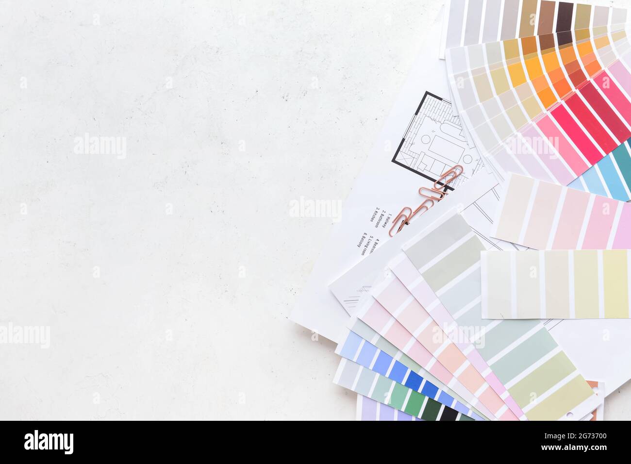 Paint color samples and house plan on white background Stock Photo - Alamy