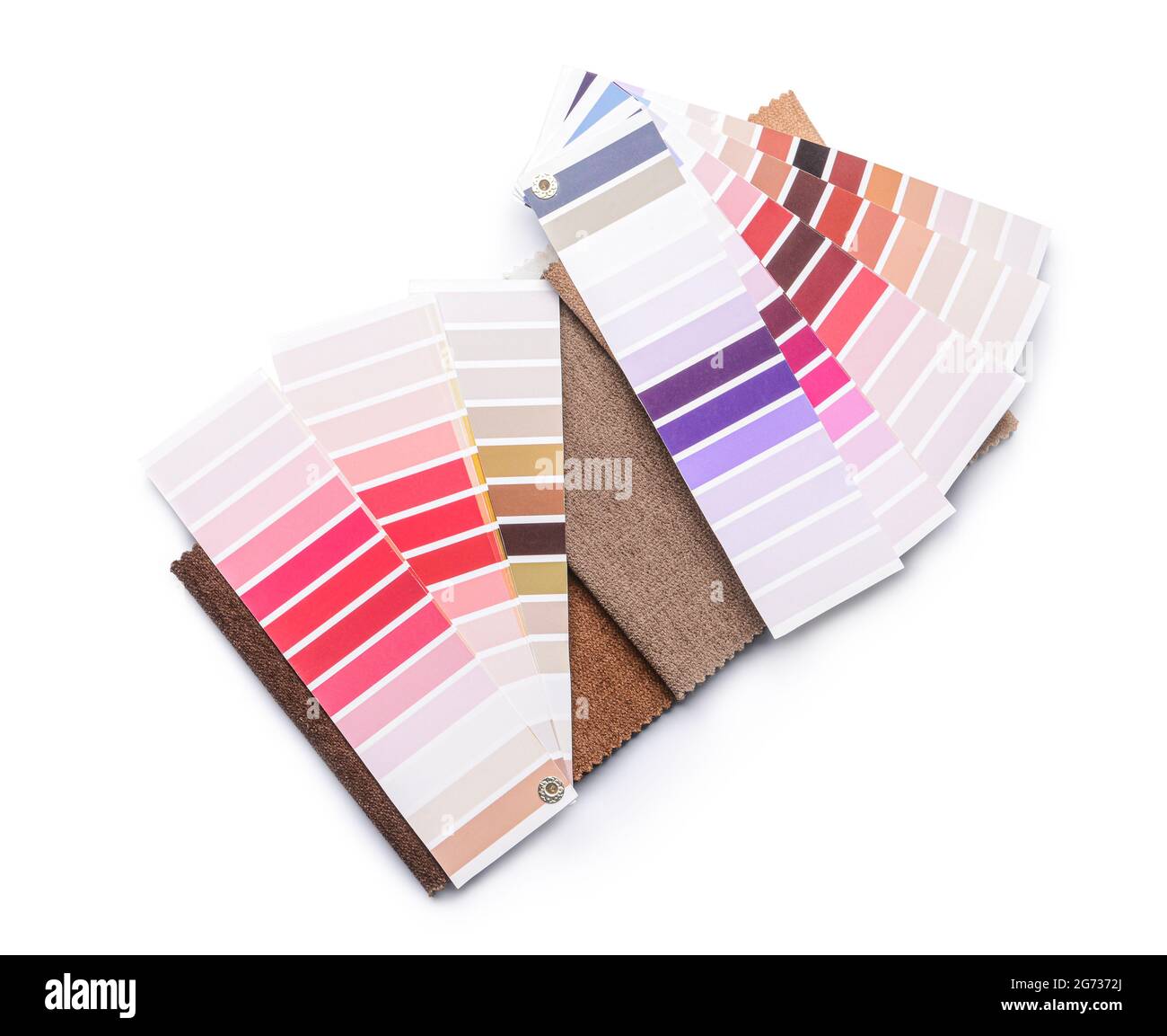Paint color palettes and fabric samples on white background Stock Photo ...
