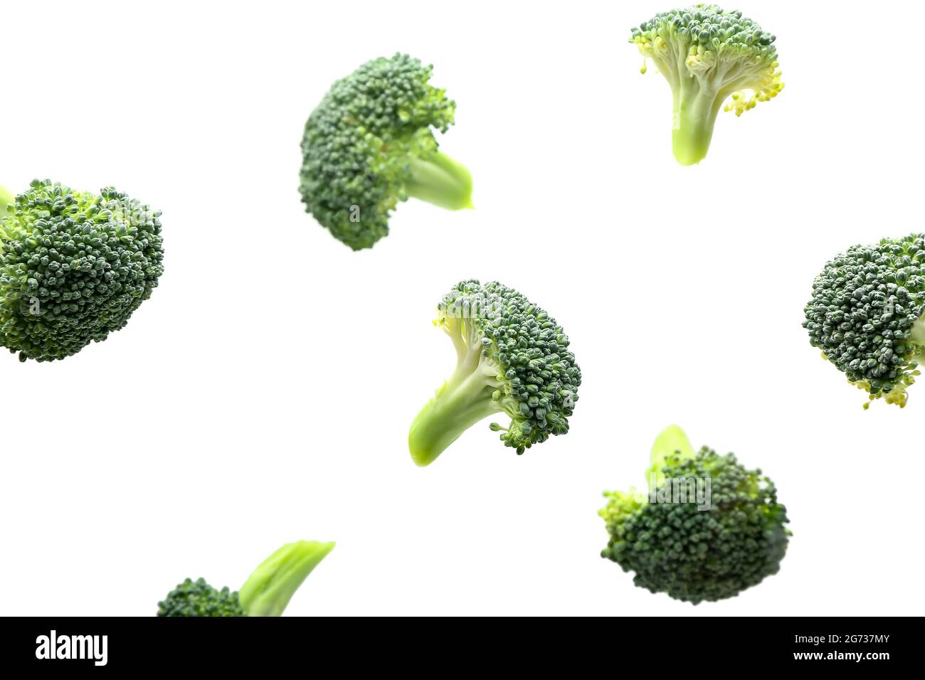 Flying broccoli cabbage on white background Stock Photo - Alamy