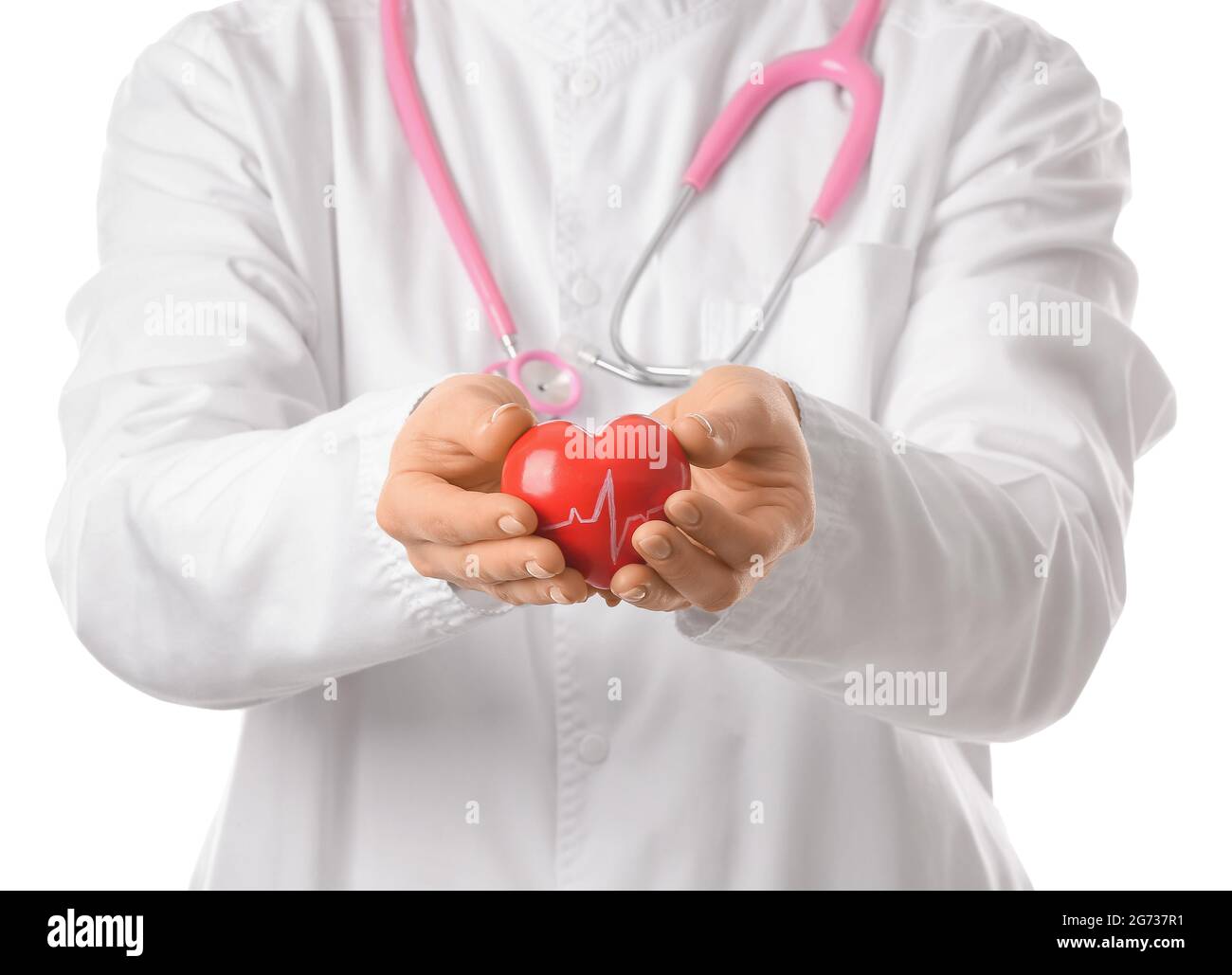 Female cardiologist with red heart on white background, closeup Stock ...
