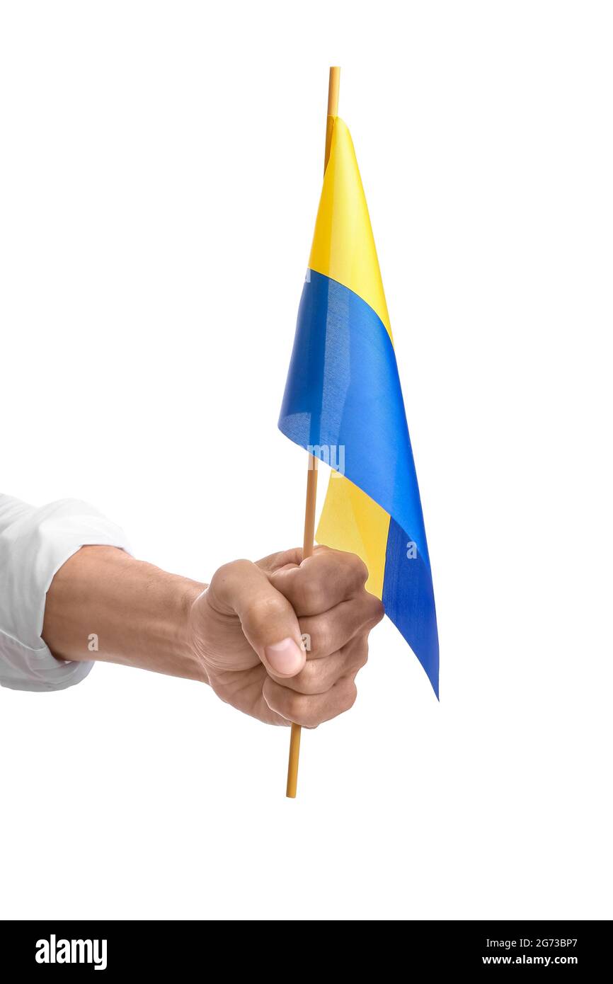 Male hand with flag of Ukraine on white background Stock Photo - Alamy