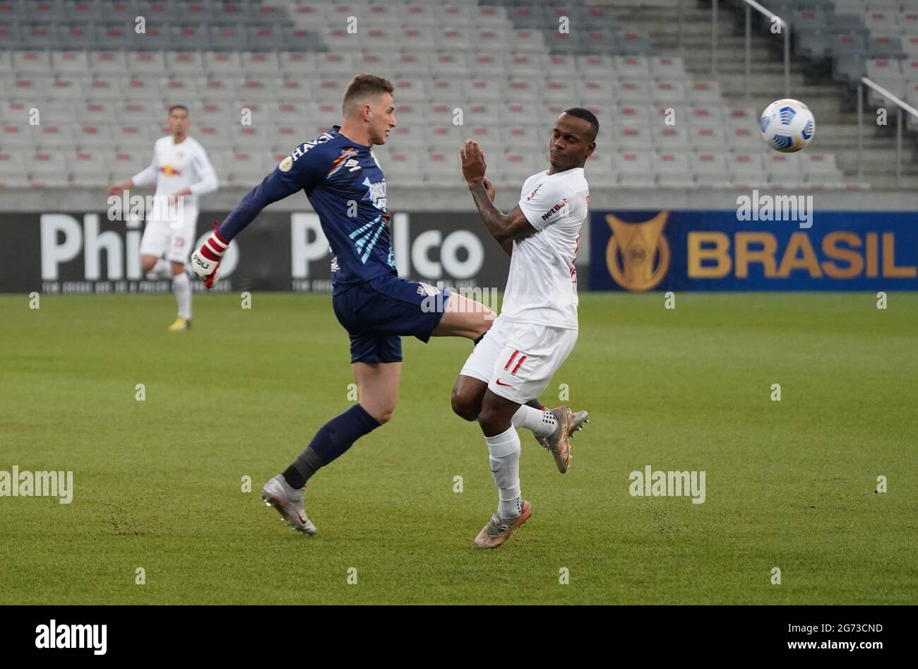 Curitiba, Brazil. 10th July, 2021. Goalkeeper Bento anticipating the ...
