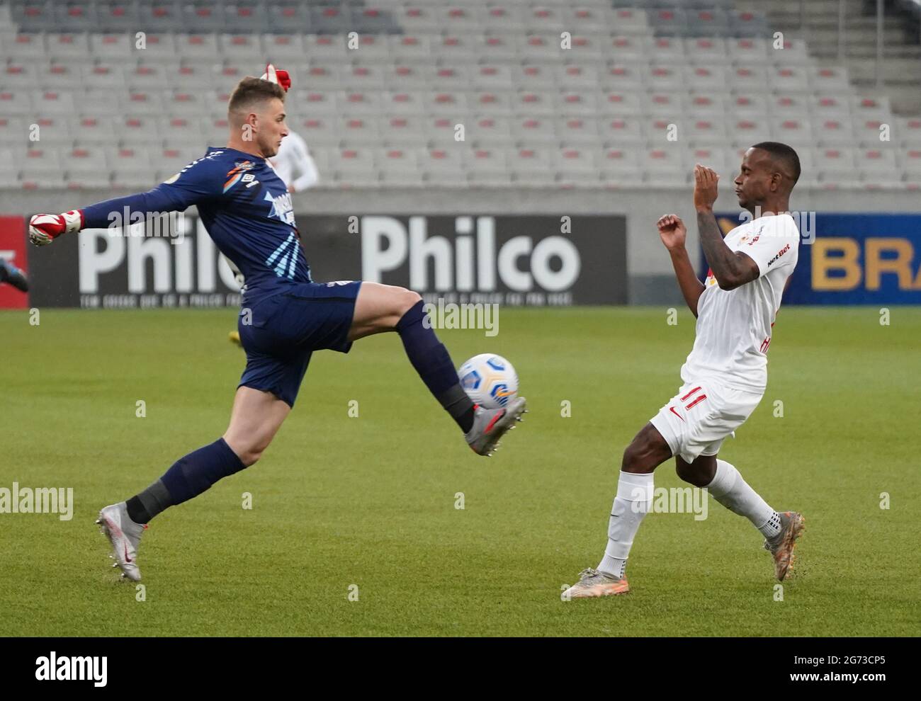 Curitiba, Brazil. 10th July, 2021. Goalkeeper Bento anticipating the ...