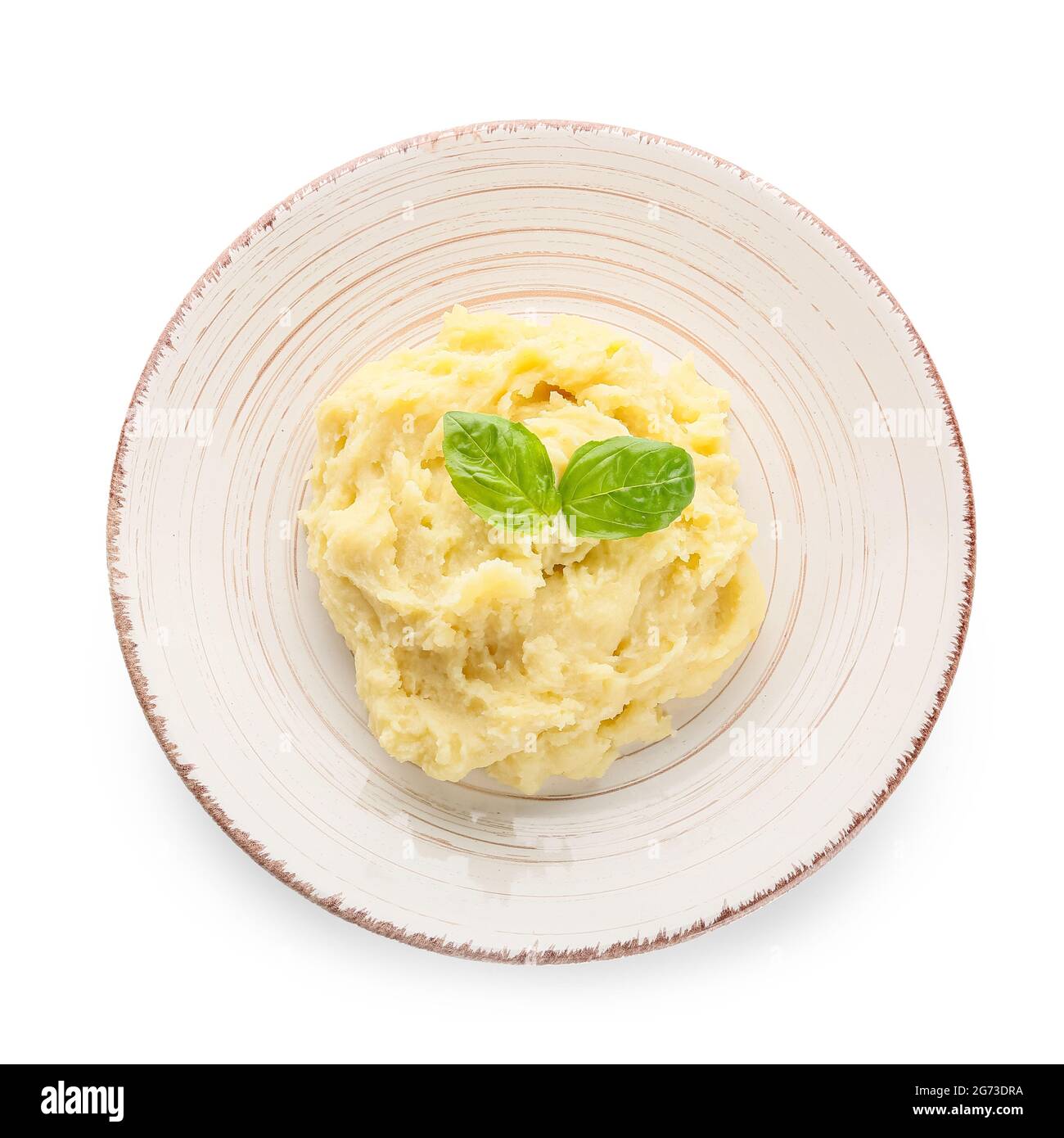 Plate with tasty mashed potatoes on white background Stock Photo - Alamy