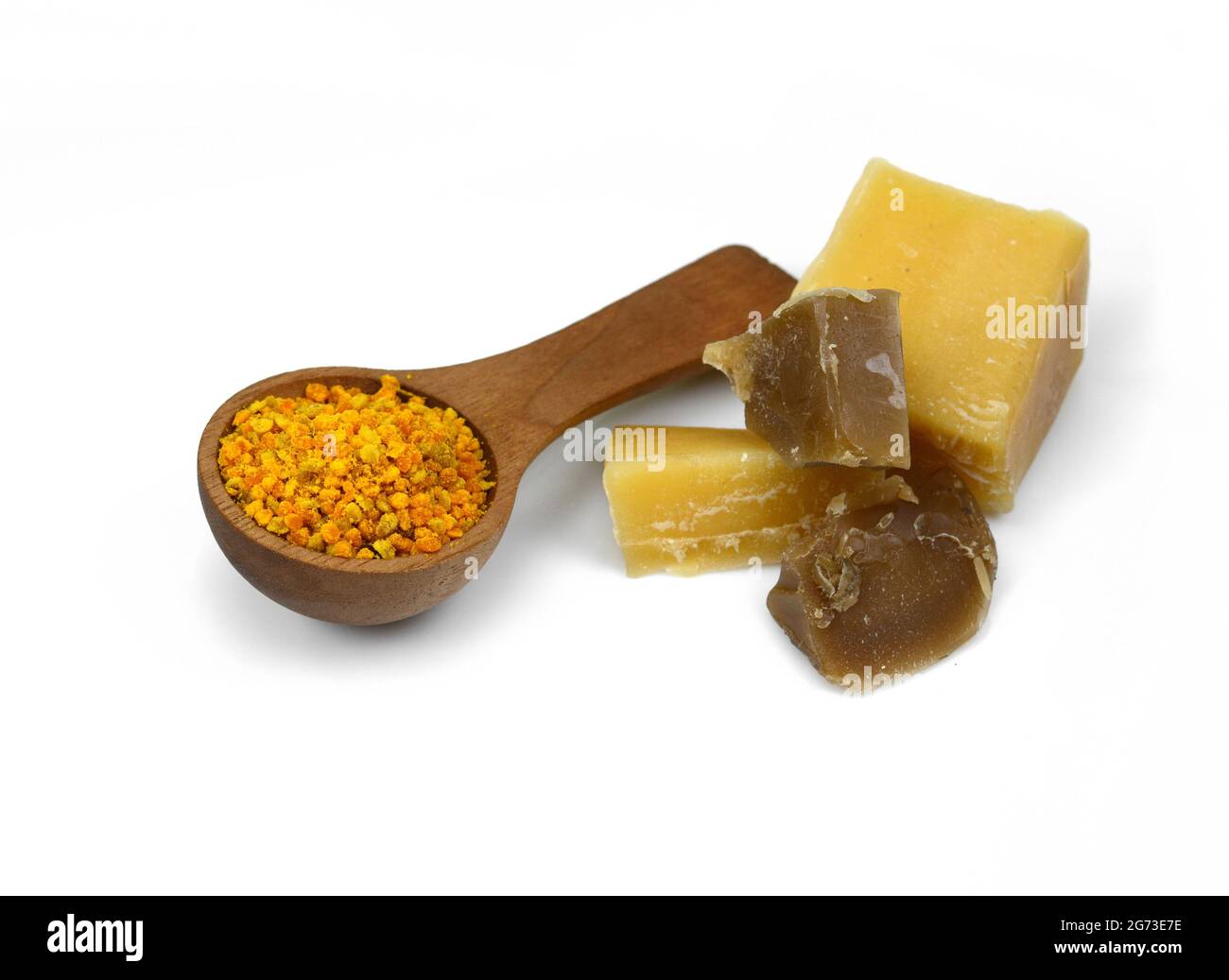 Bee products. Bee pollen and natural wax isolated on white background ...