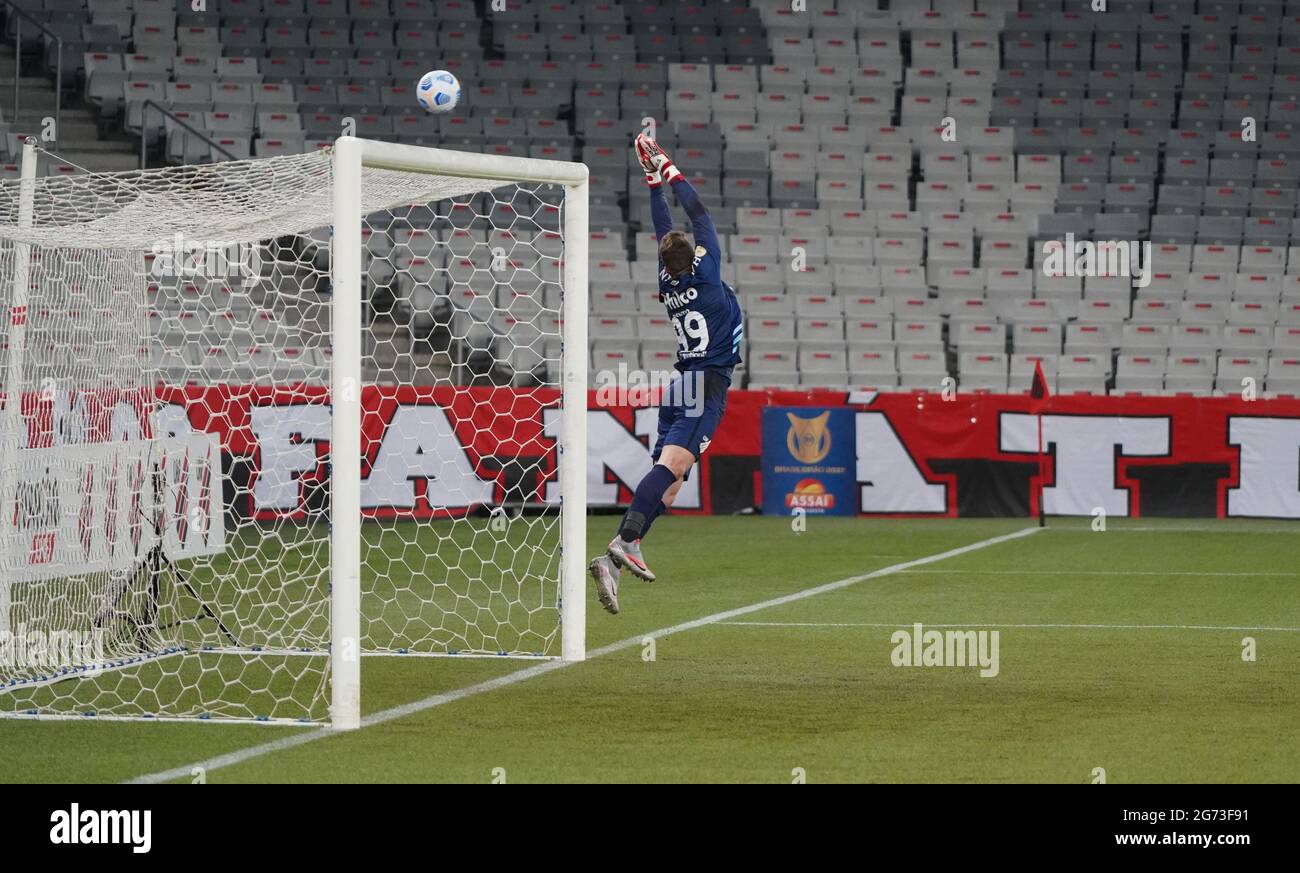 Curitiba, Brazil. 10th July, 2021. Goalkeeper Bento follows submission ...