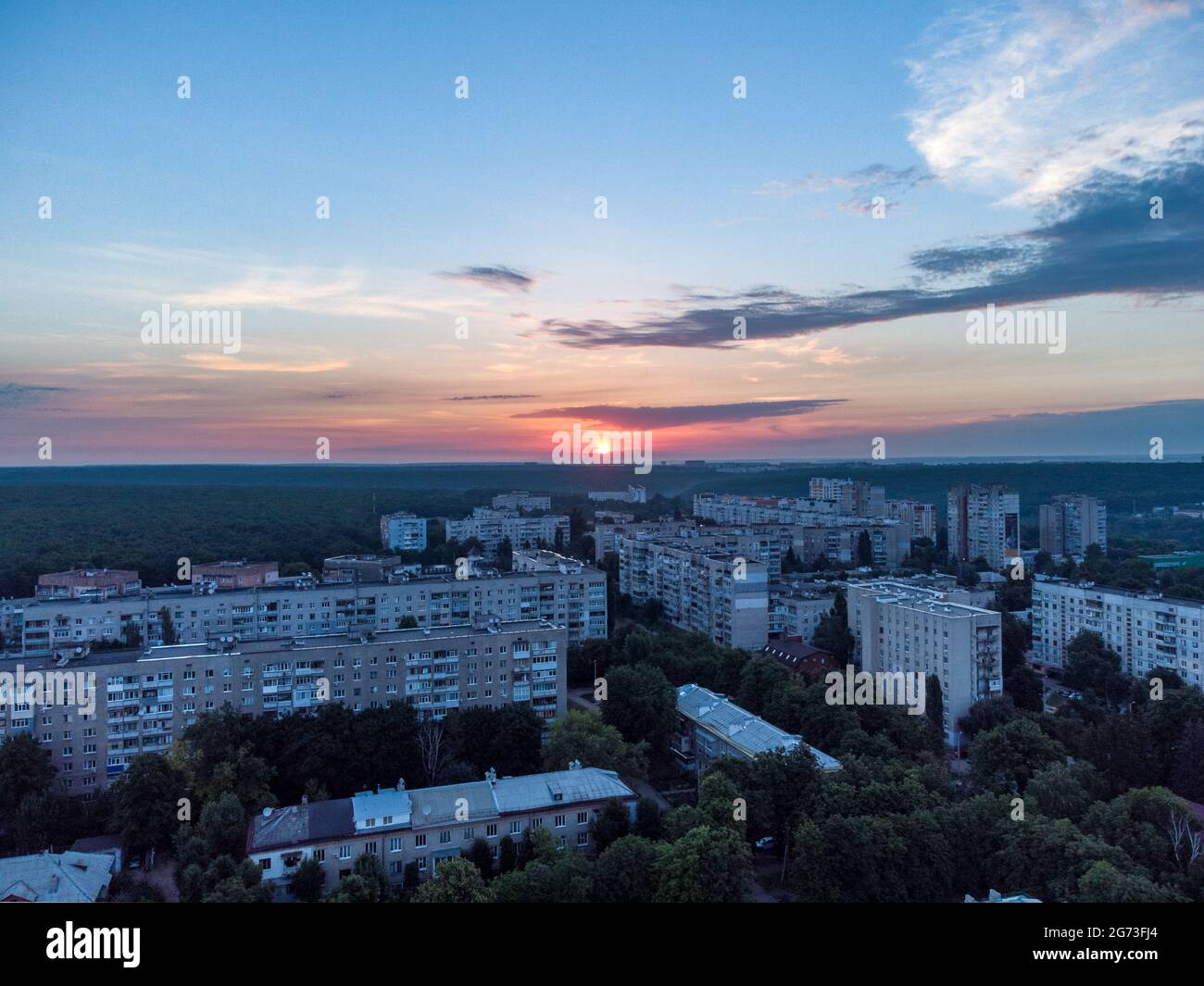 Aerial morning sunrise view on residential Kharkiv city Pavlove Pole ...