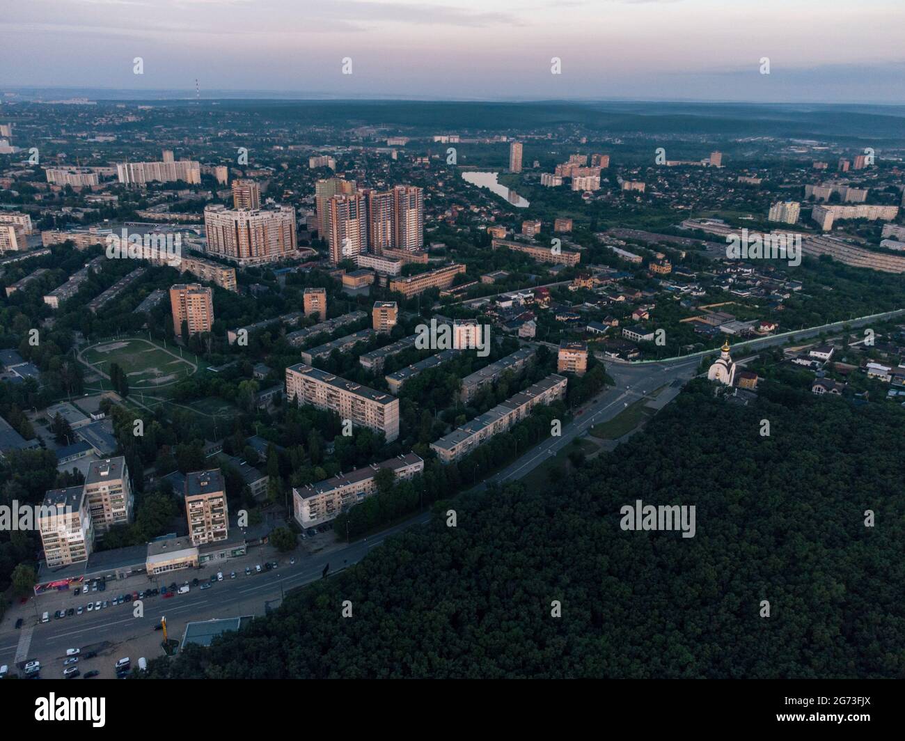 Aerial morning view Kharkiv city Pavlove Pole district Derevianka St ...