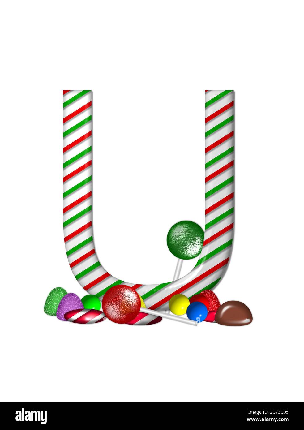 The letter U, in the alphabet set "Candy Cane Sweets", is striped ...