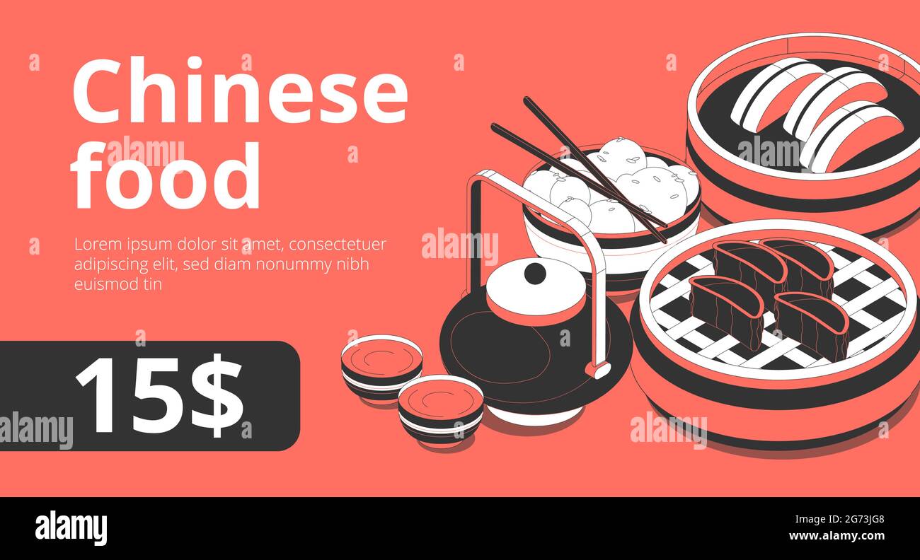 Chinese traditional food online isometric advertising banner with tea ...