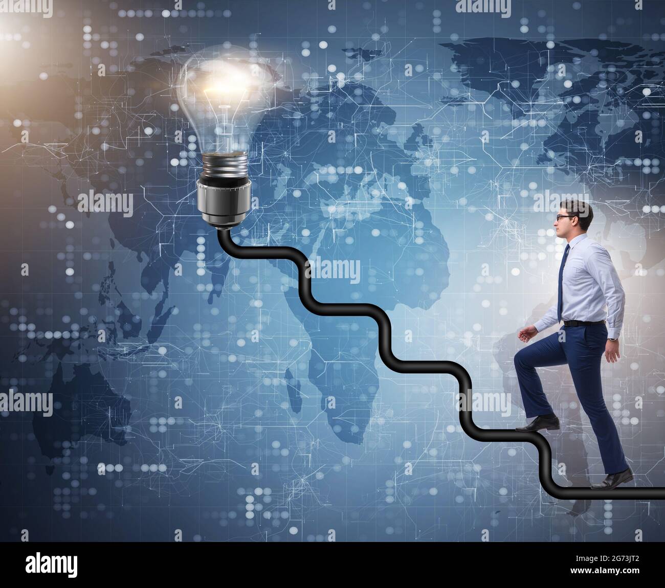 The man climbing career ladder towards bright light bulb Stock Photo ...