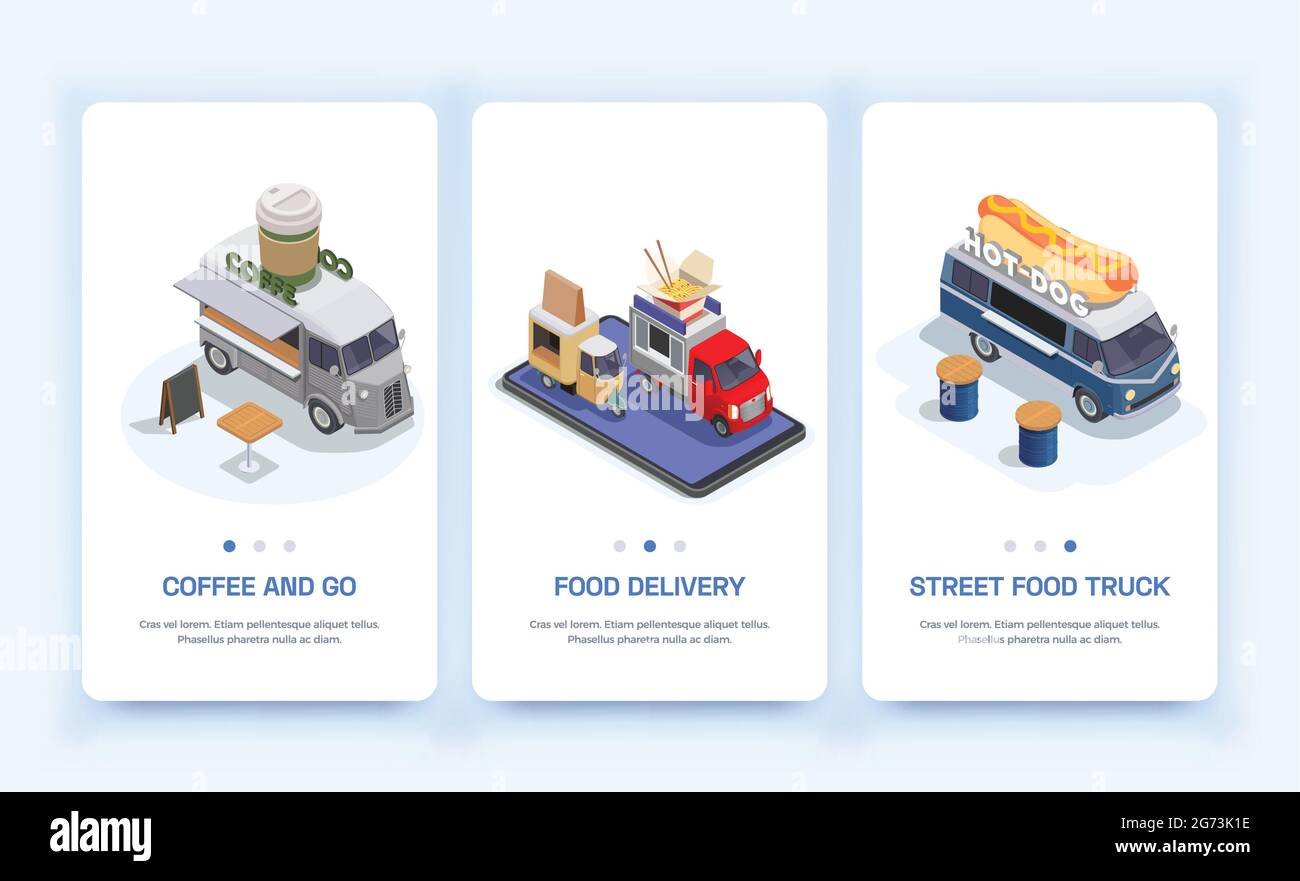 Set with three vertical isolated food truck isometric banners with page ...