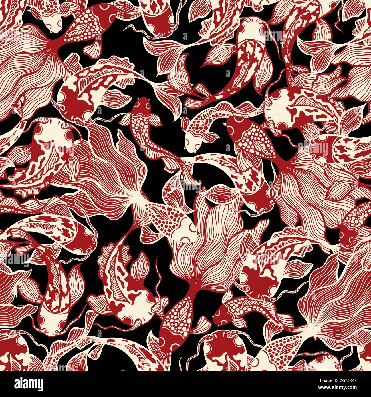 Japanese Koi Fish Vector Seamless Pattern in Red Color on Black for ...