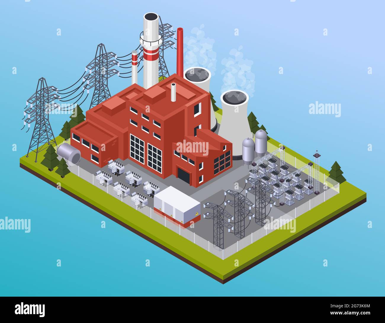 Electricity power station and high voltage wires isometric composition ...