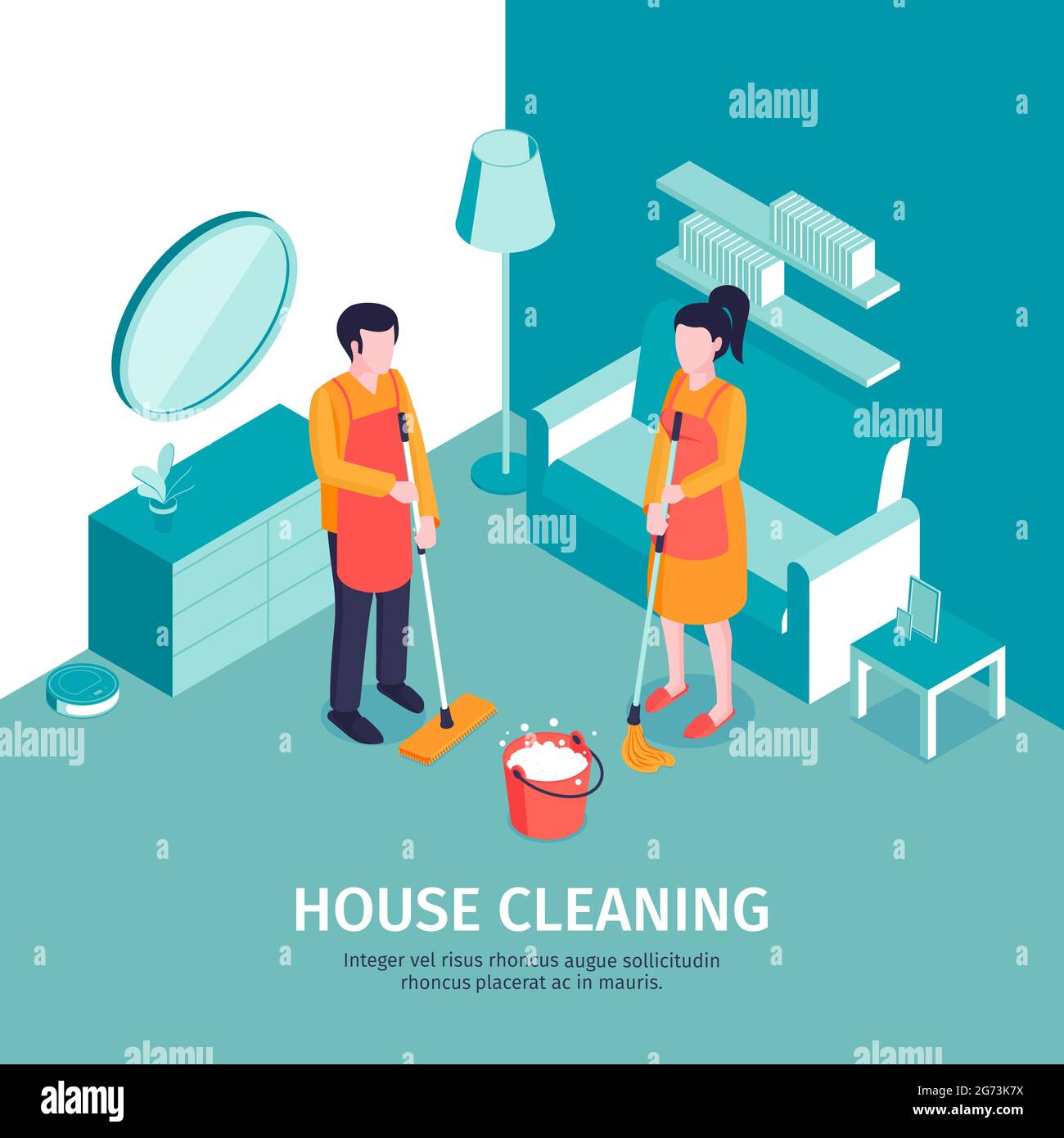 Isometric cleaning background with editable text and indoor scenery ...