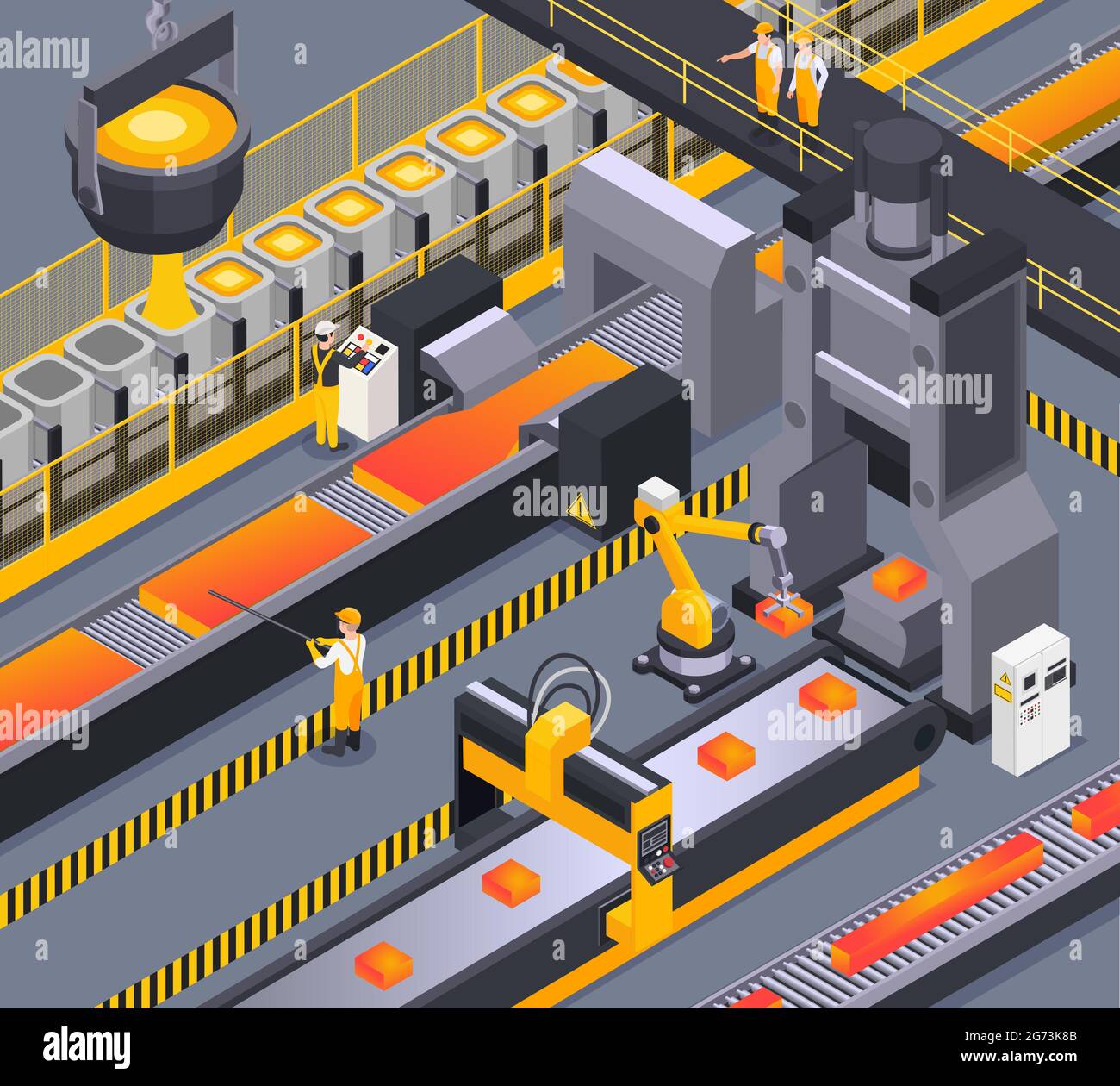 Isometric background with steel foundry workers and metalworking ...