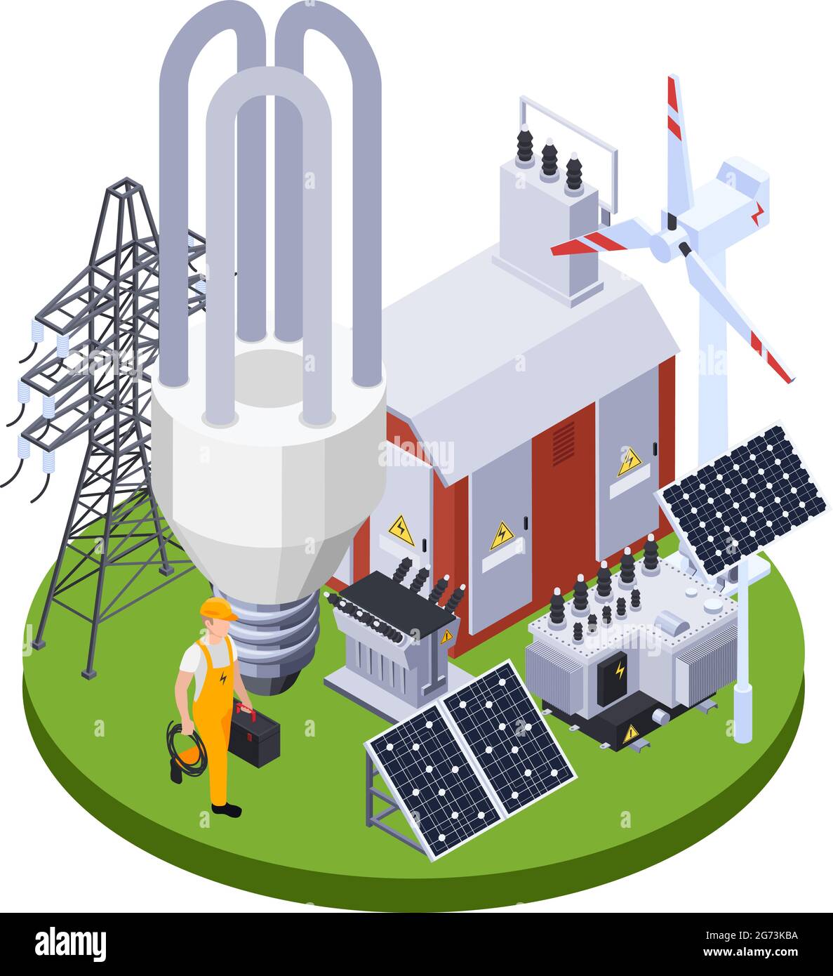 Electrician near electricity substation with solar panels and wind ...