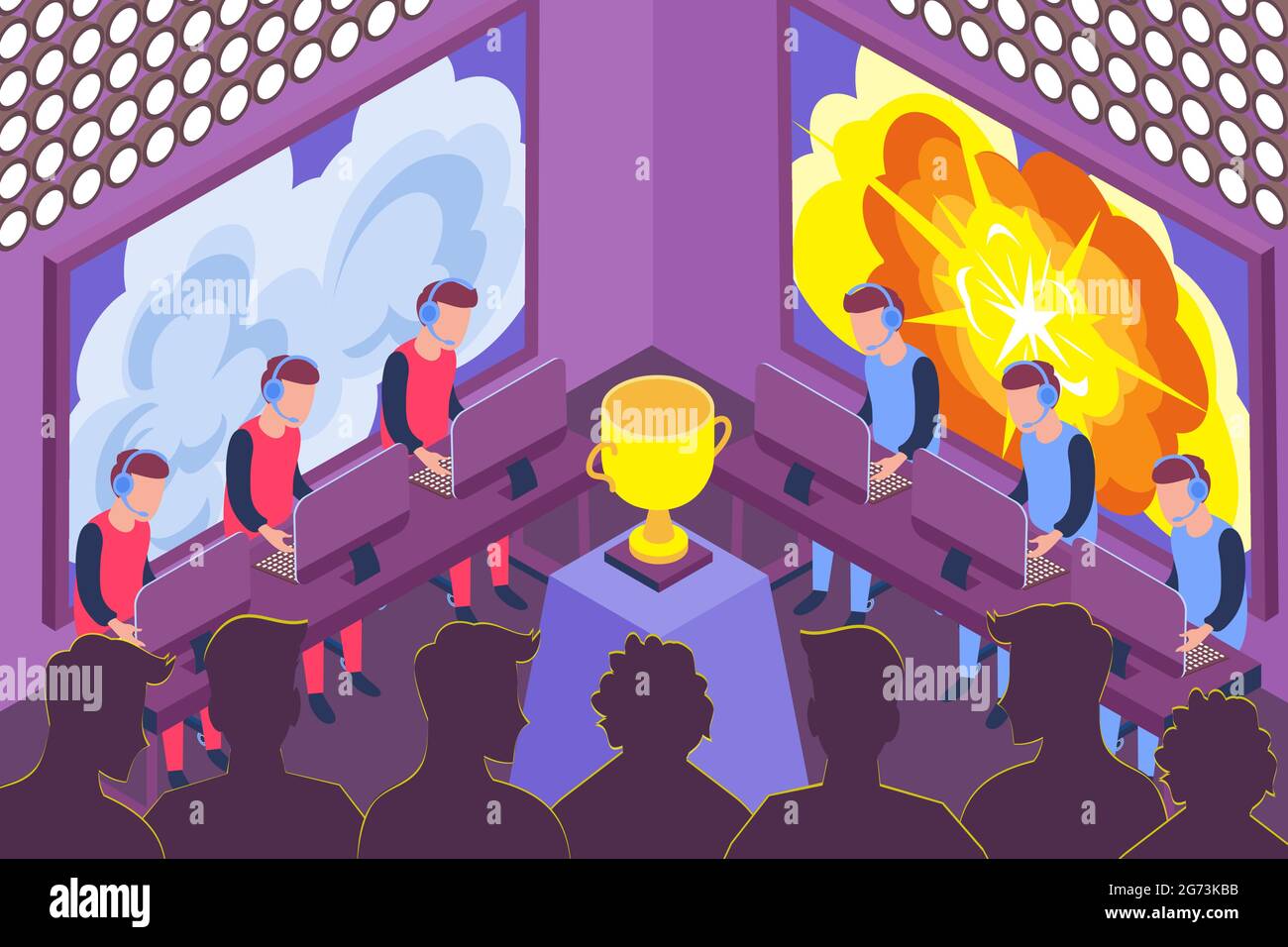 Gamers participating in esport competition audience and golden trophy ...