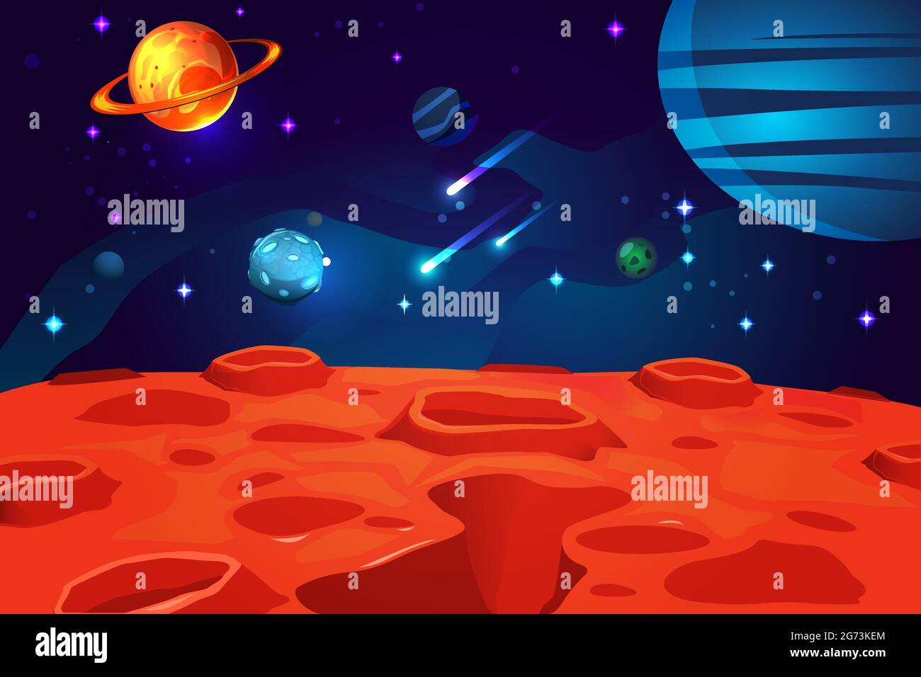 Space colorful cartoon game background with red planet surface night ...