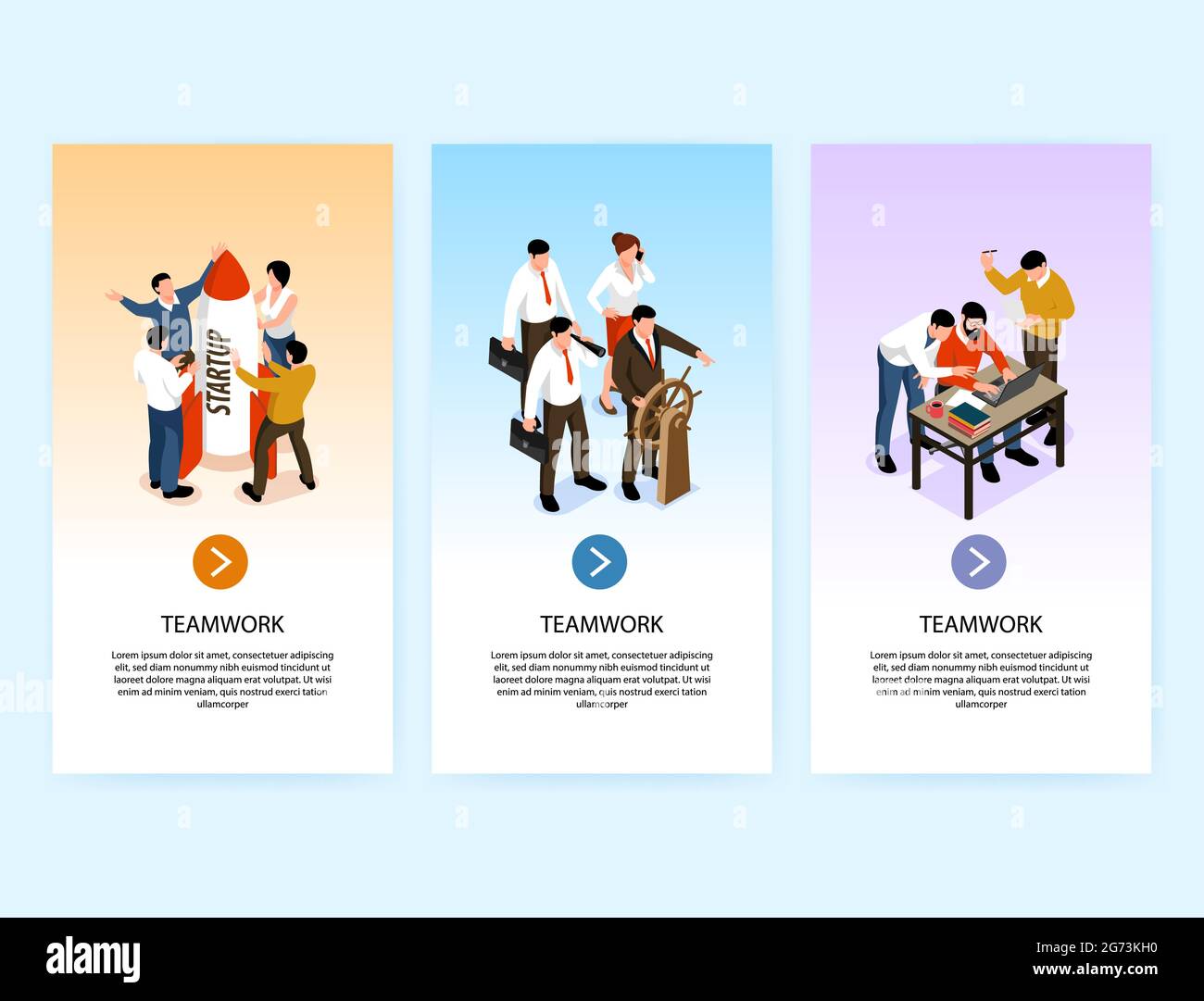 Set with three isolated teamwork vertical banners with isometric human ...