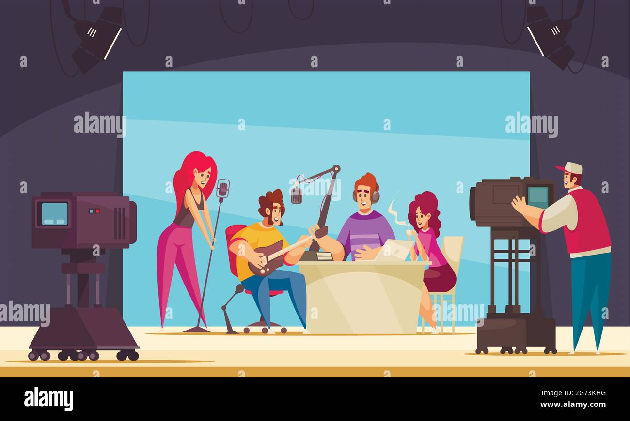 Radio recording background with live show and music symbols flat vector ...