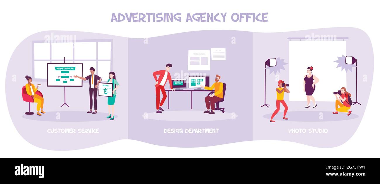 Advertising agency office flat composition with faceless human ...