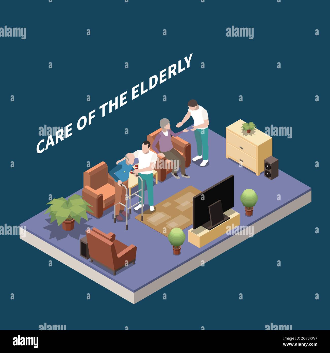 Nursing home isometric background with staff helping disabled and old ...