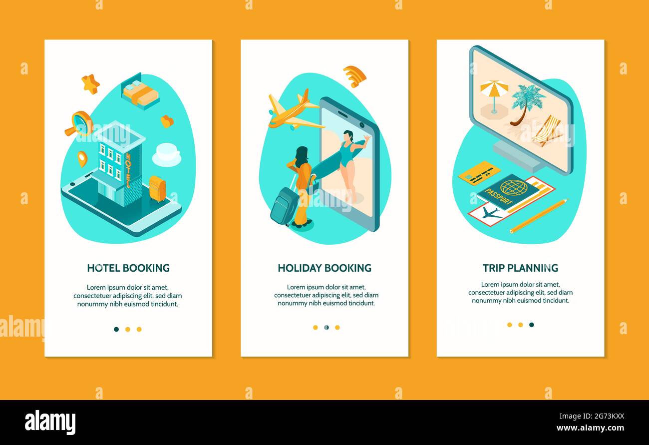 Online booking isolated vertical banners with trip planning holiday and ...