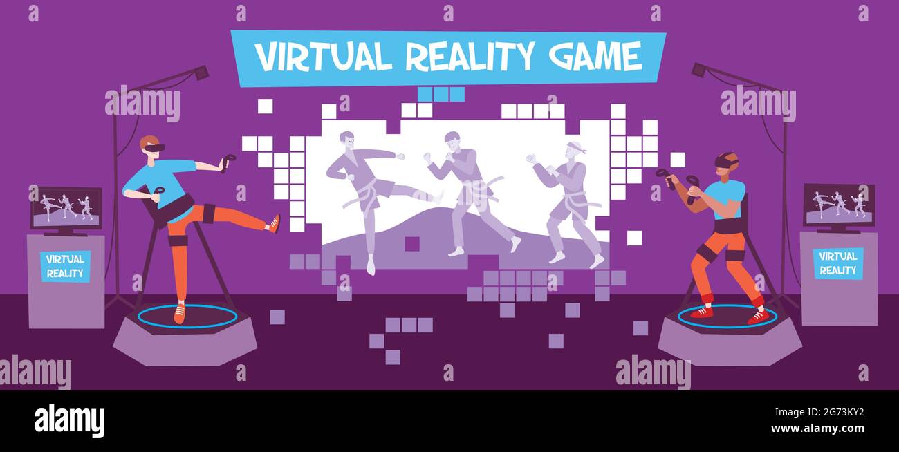 VR game composition with flat indoor scenery and gamers with joysticks ...