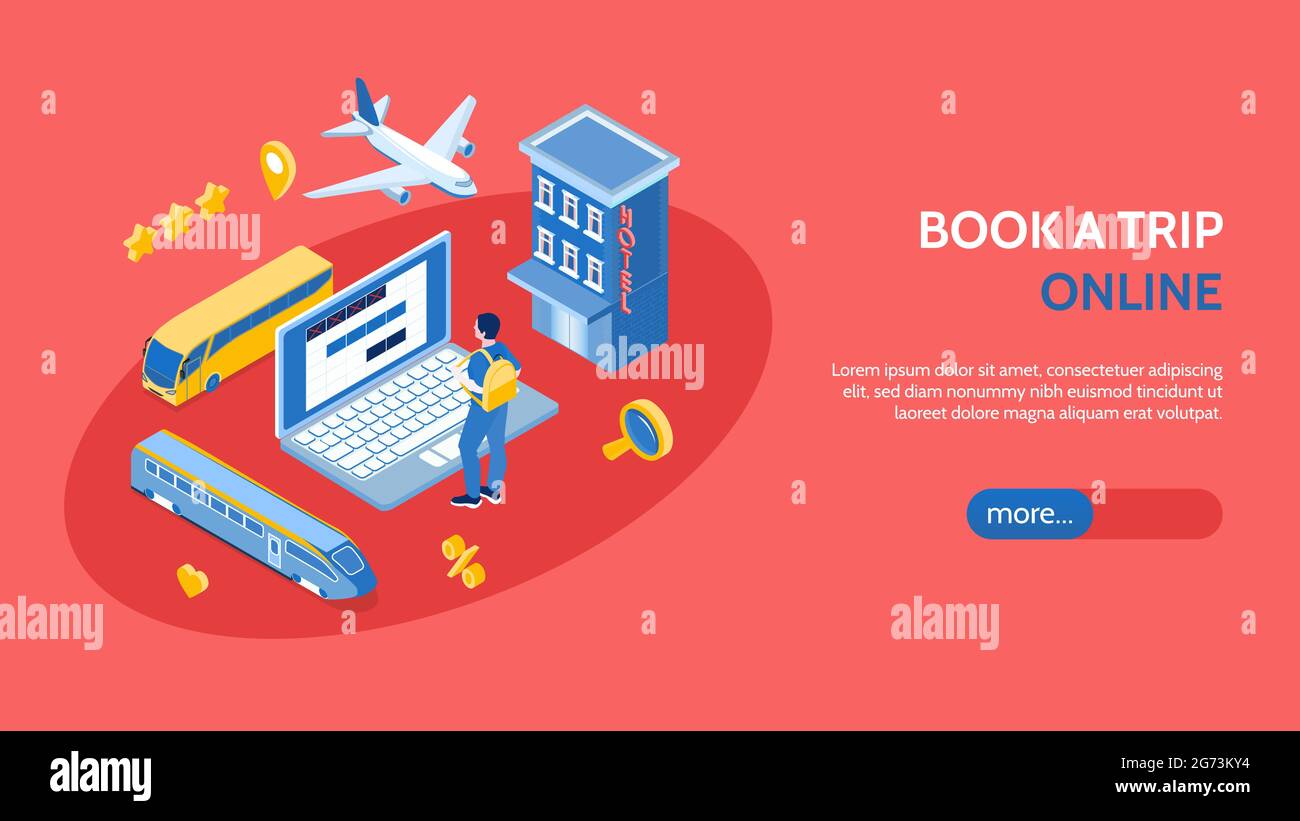 Online booking trip horizontal banner with laptop hotel bus train ...