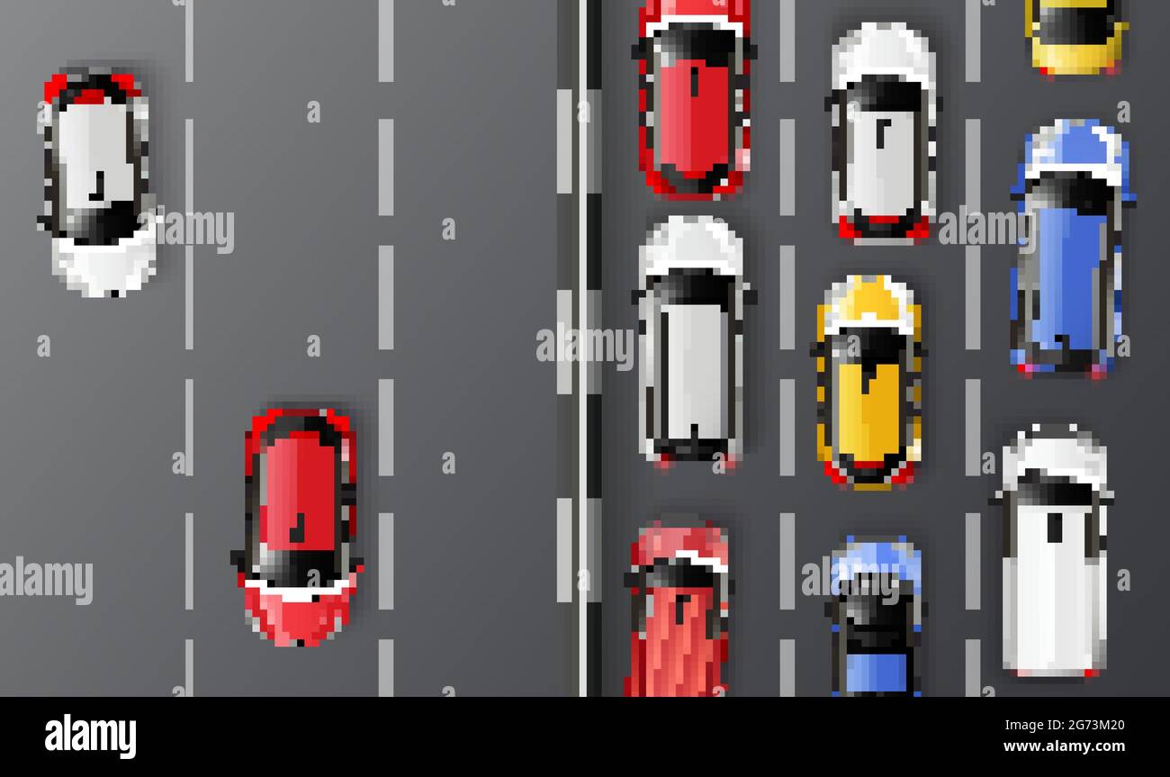 Cars top view realistic composition with above scenery of speedway with ...